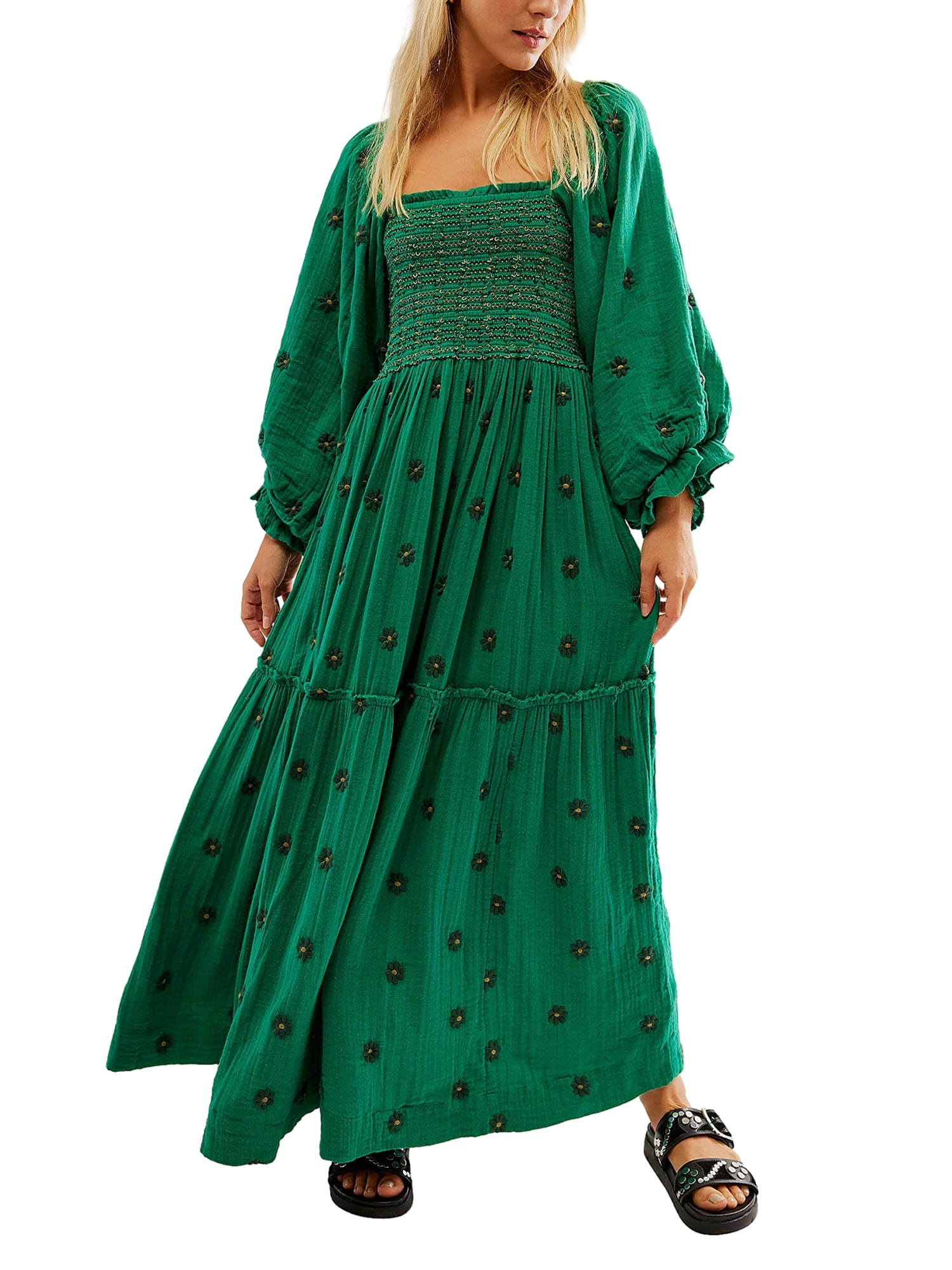 Komoo Women Boho Midi Dress Lantern Sleeve 3D Flower Embroidered Tiered ...