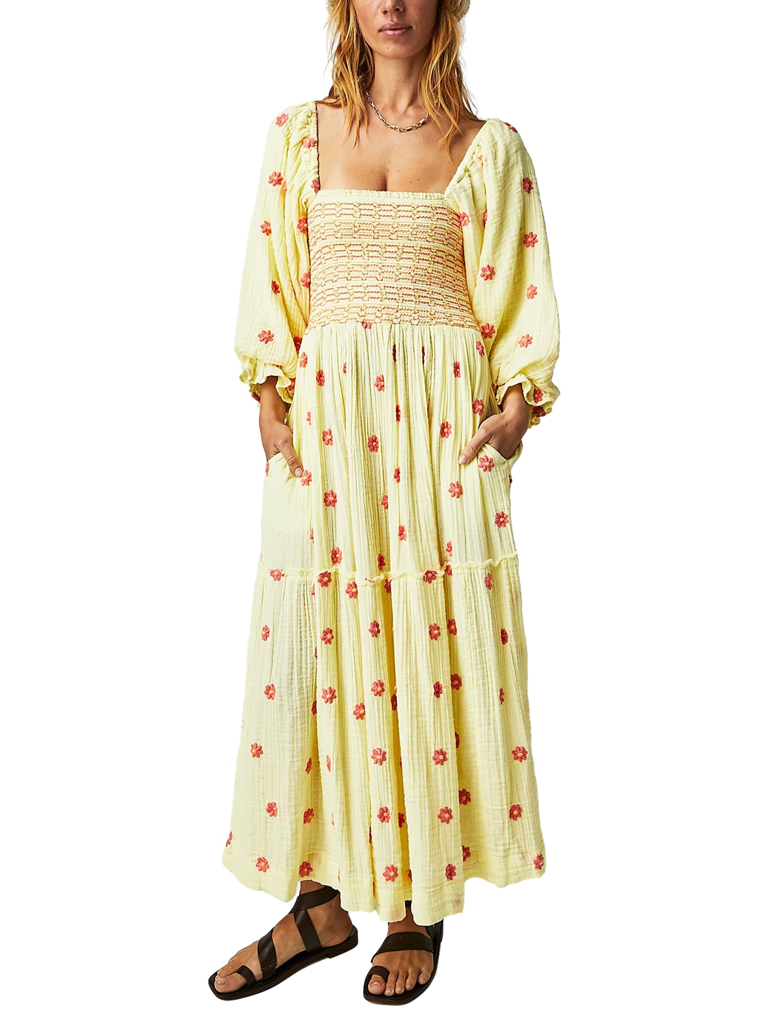 Komoo Women Boho Midi Dress Lantern Sleeve 3D Flower Embroidered Tiered ...