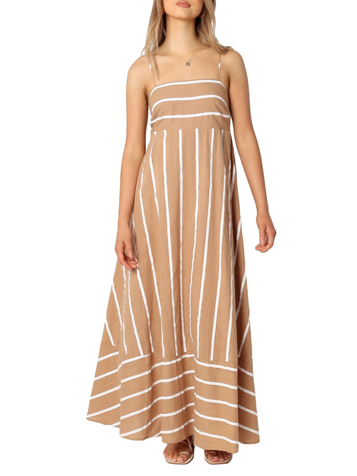 Komoo Women Casual Summer Dress Spaghetti Strap Striped Print Long Cami ...