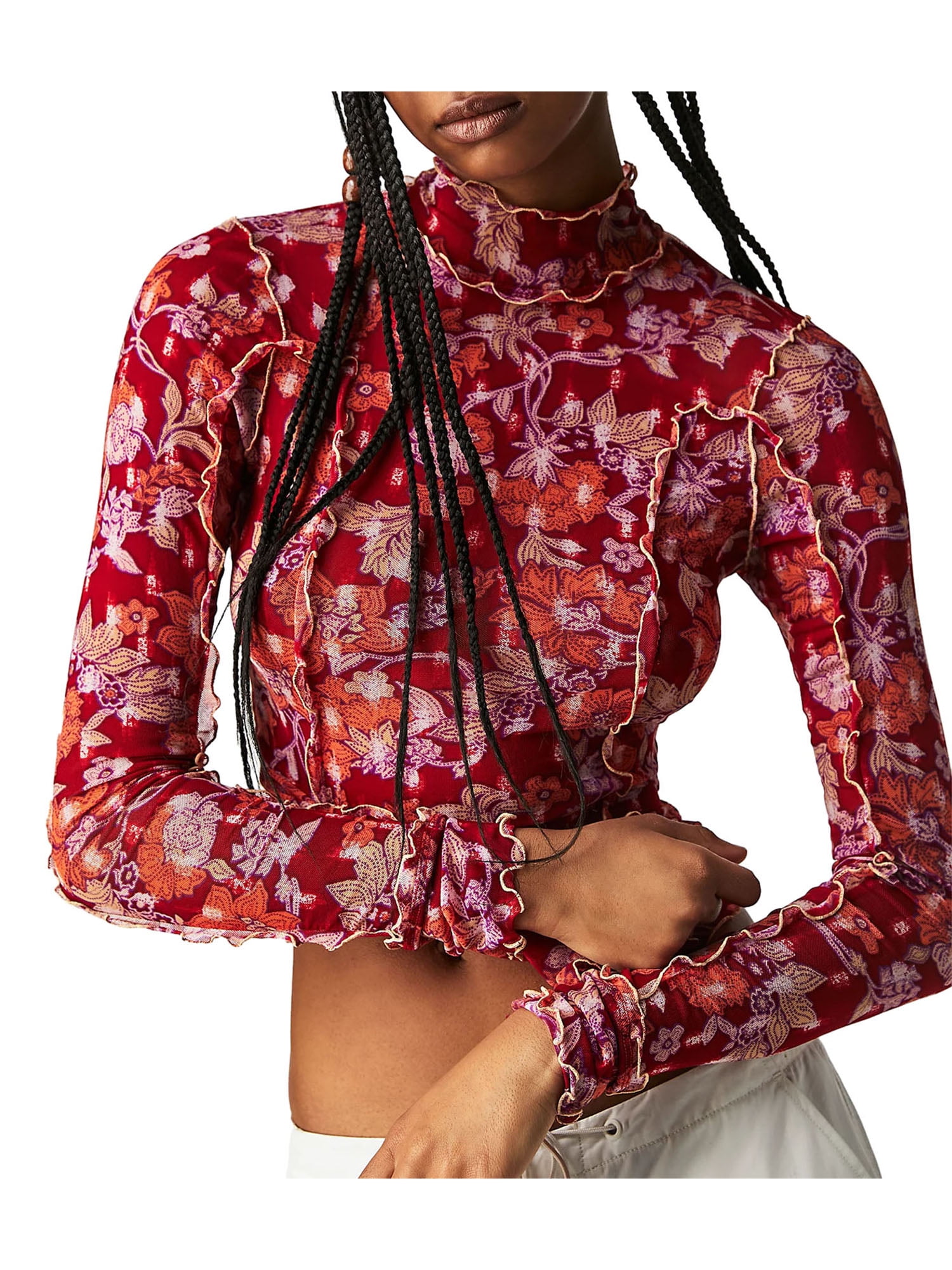 Komoo Women Floral Mesh Top Long Sleeve Mock Neck Lettuce Trim Shirts ...