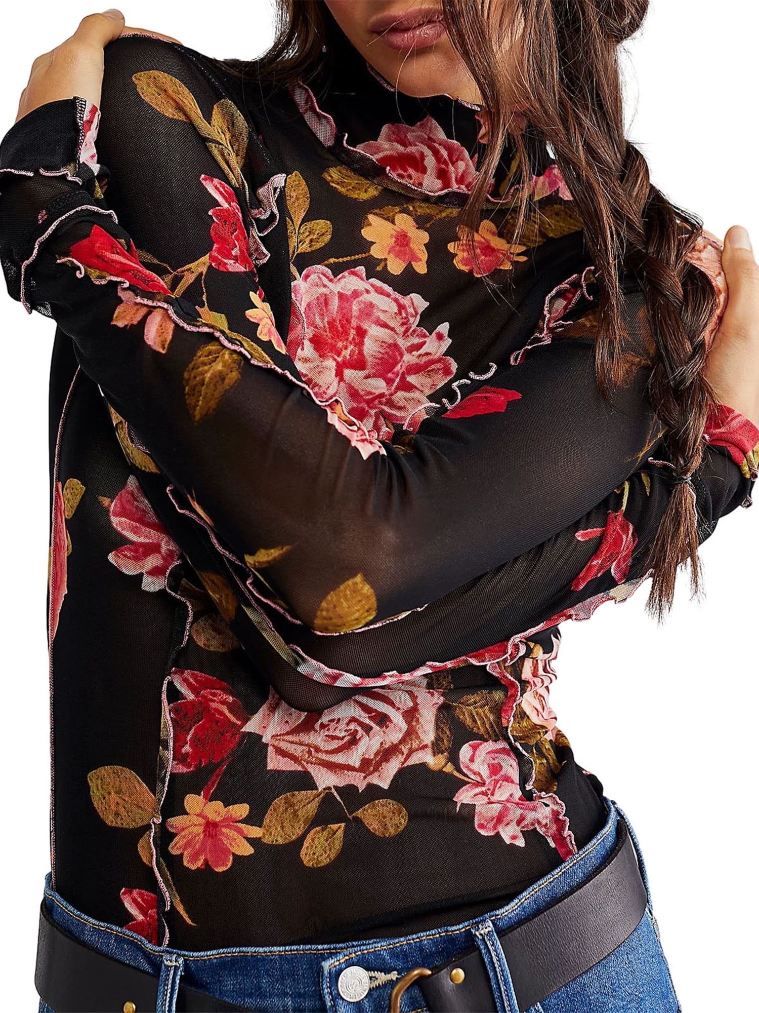 Komoo Women Floral Mesh Top Long Sleeve Mock Neck Lettuce Trim Shirts ...