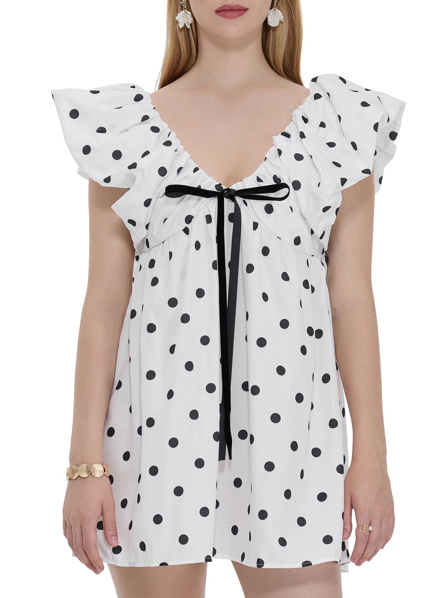 Komoo Women Floral Print Mini Dress Puff Sleeve V Neck Bow Tie Dress ...