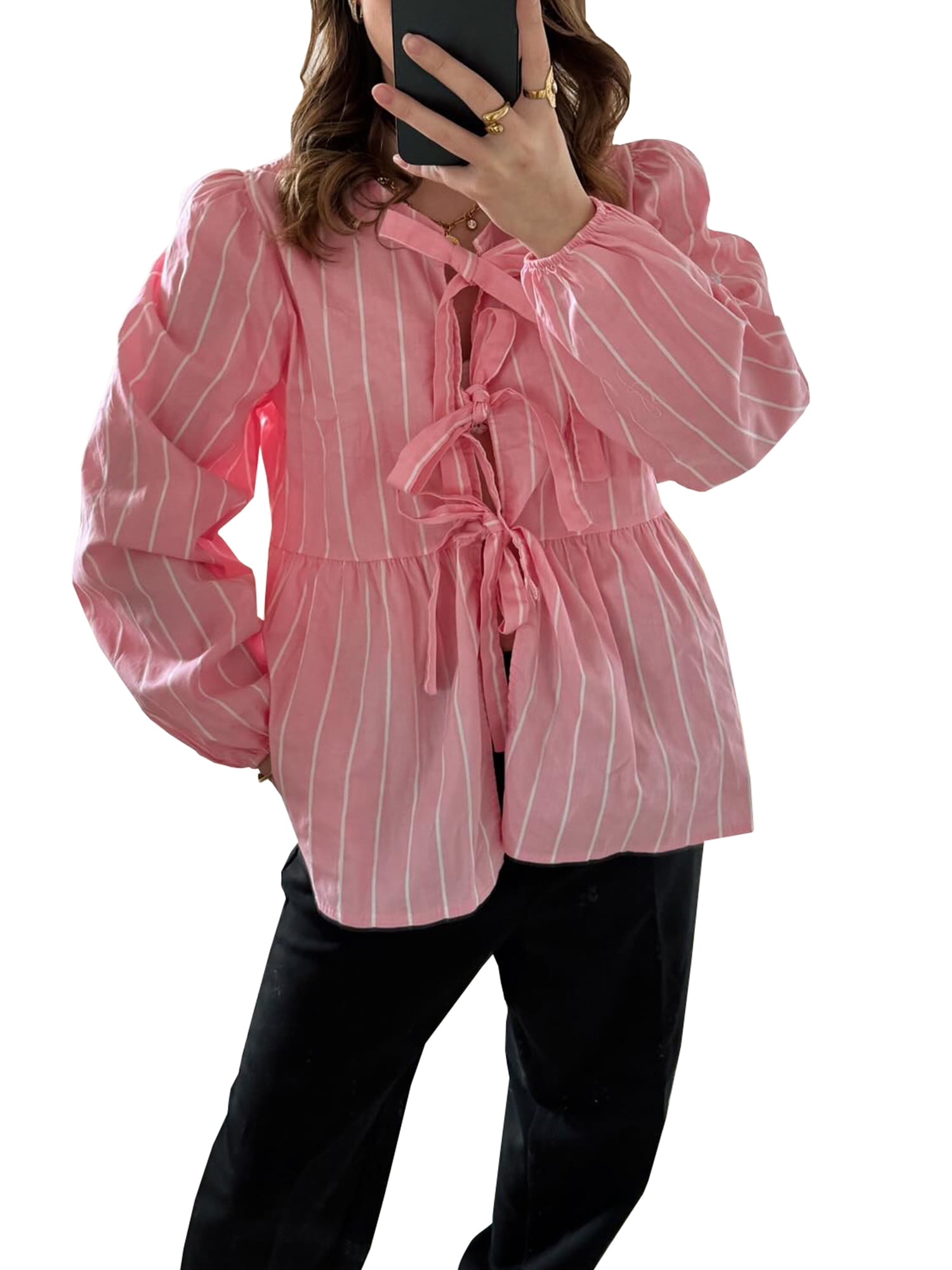Komoo Women Front Tie Peplum Blouse Long Puff Sleeve Striped Babydoll ...