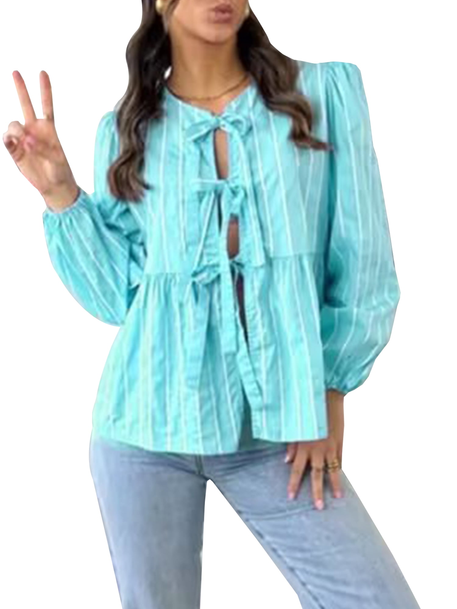 Komoo Women Front Tie Peplum Blouse Long Puff Sleeve Striped Babydoll Tops Teen Girls Summer ...