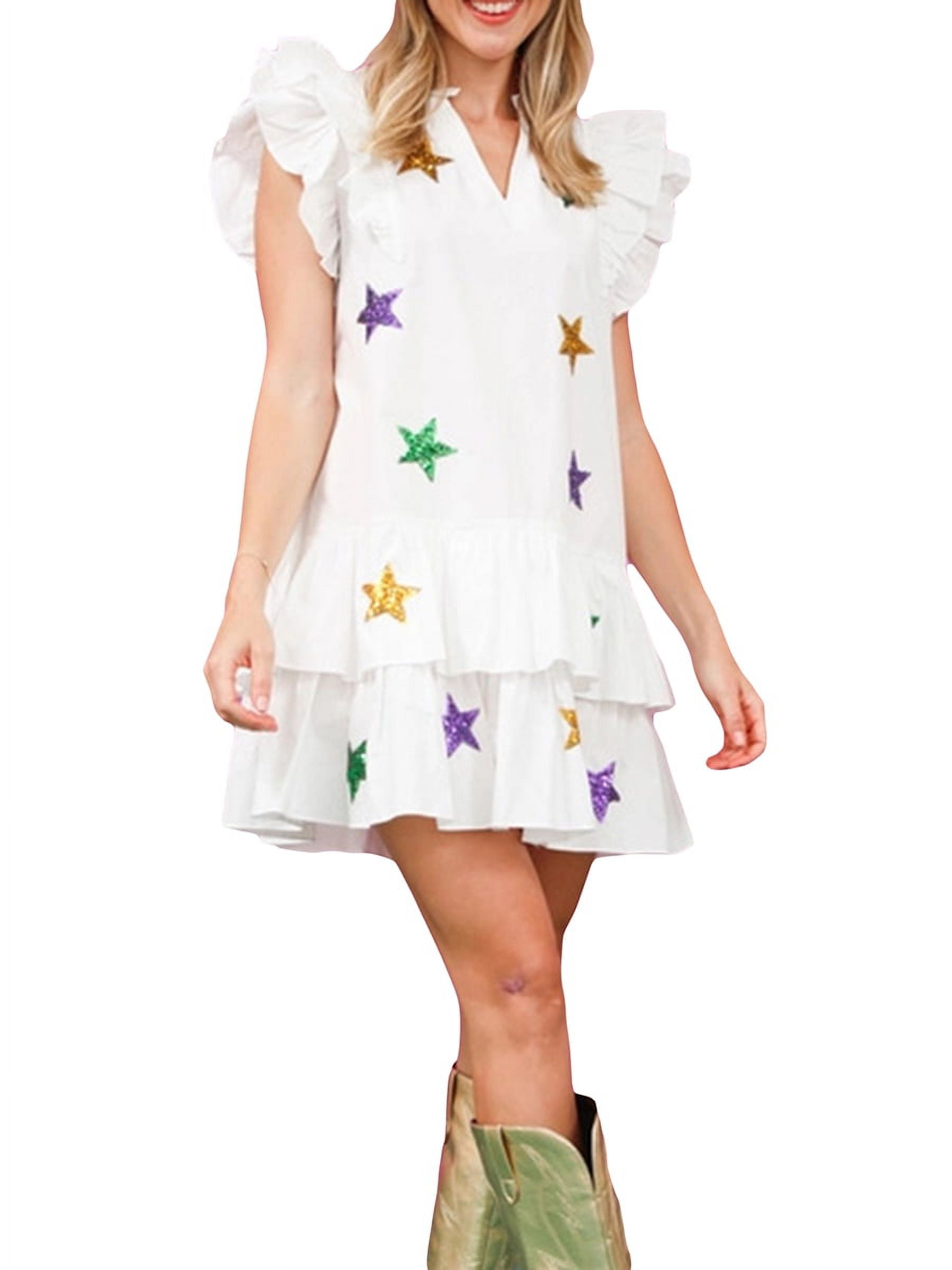 Komoo Women Layered Ruffle Dress Sparkly Star Print A-Line Party Dress ...