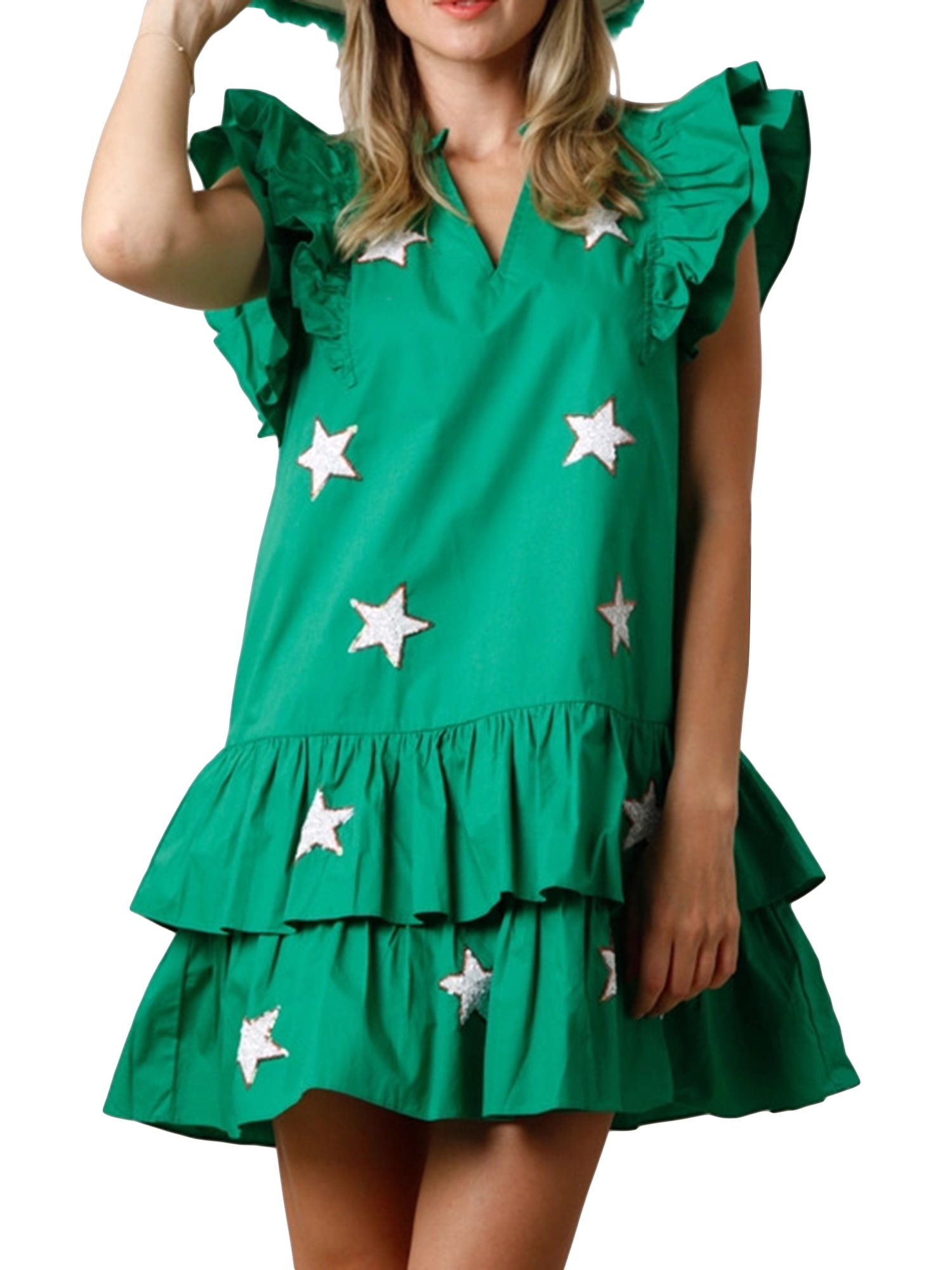 Komoo Women Layered Ruffle Dress Sparkly Star Print A-Line Party Dress ...