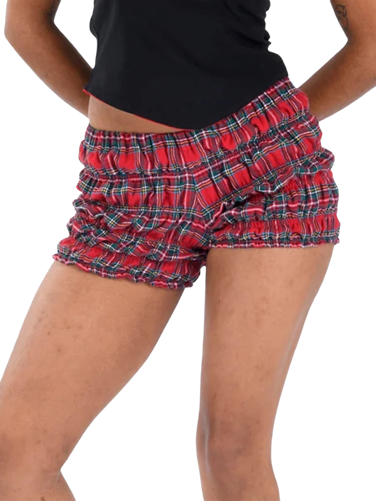 Komoo Women Micro Mini Pajamas Shorts Plaid Print Elastic Low Rise ...