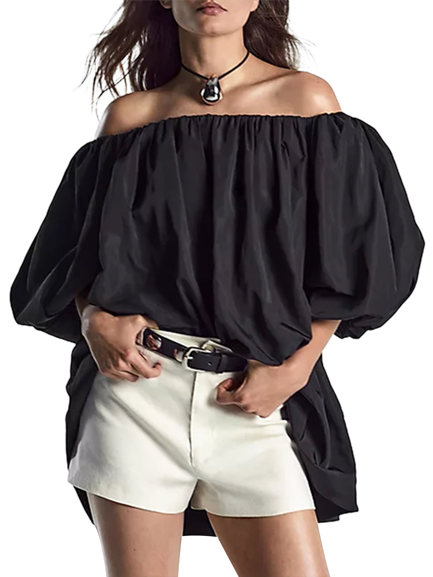 Komoo Women Off Shoulder Puff Sleeve Dress Solid Color Mini Dress 2024 ...