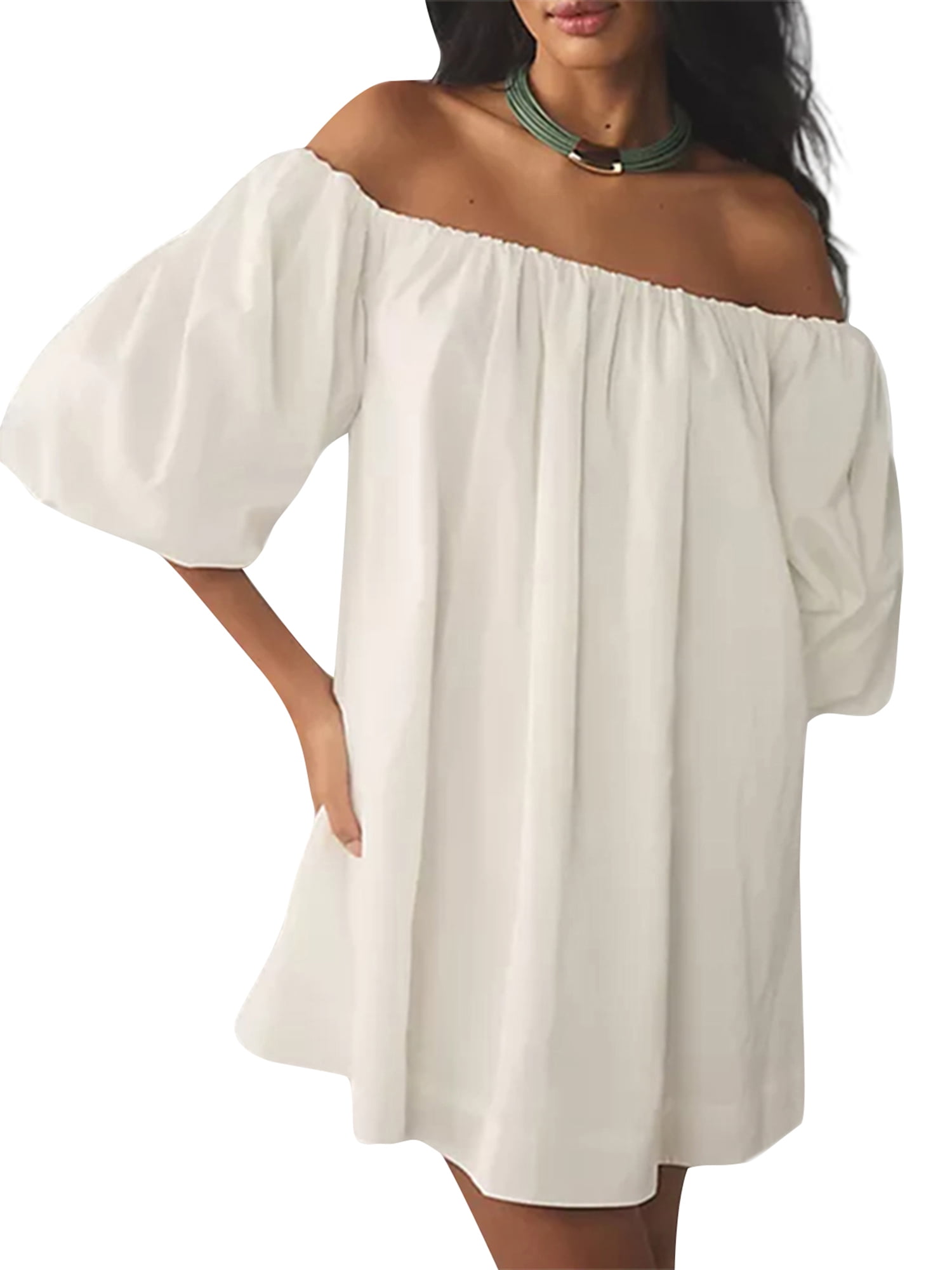 Komoo Women Off Shoulder Puff Sleeve Dress Solid Color Mini Dress 2024 ...