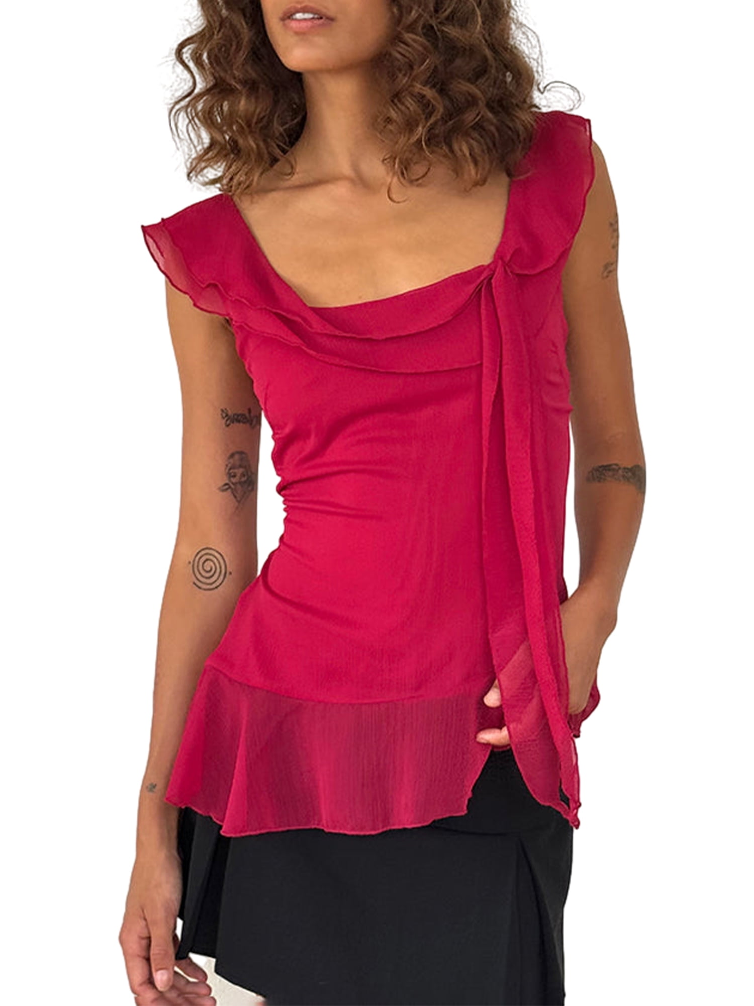 Komoo Women Ruffle Trim Tank Tops Sleeveless Sheer Mesh Tassel Frill ...