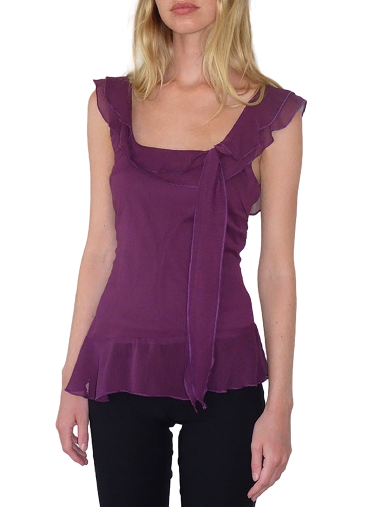 Komoo Women Ruffle Trim Tank Tops Sleeveless Sheer Mesh Tassel Frill ...