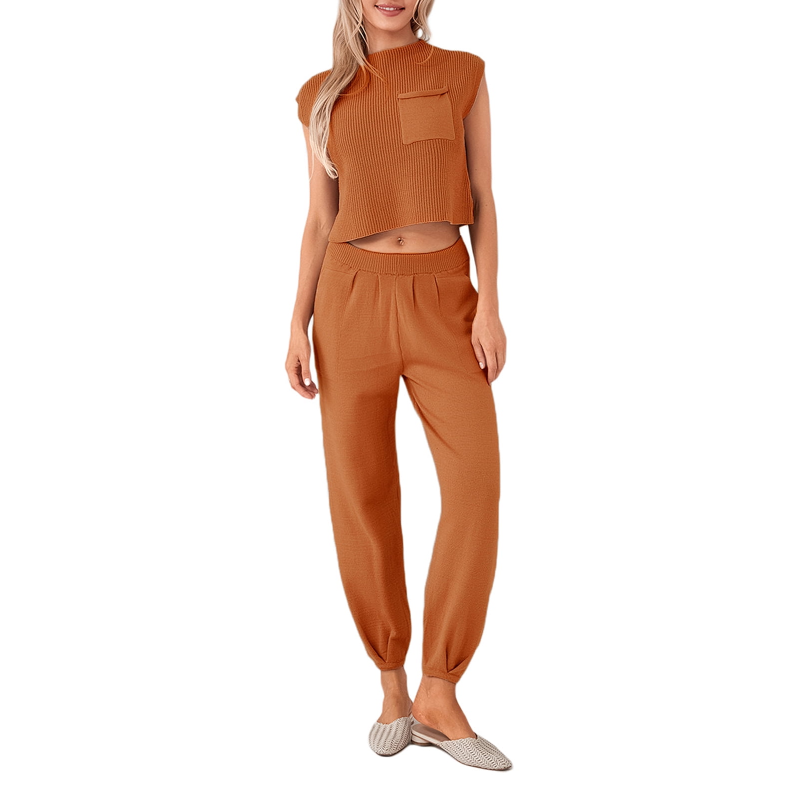 Komoo Women Sweatsuits Sets Cap Sleeve Ribbed Knit Tops Jogger Pants ...