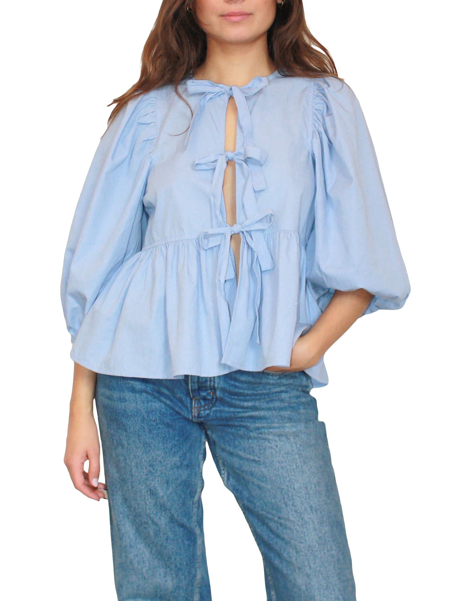 Komoo Women Tie Front Tops Puff Sleeve Ruffle Hem Peplum Blouse Teen ...