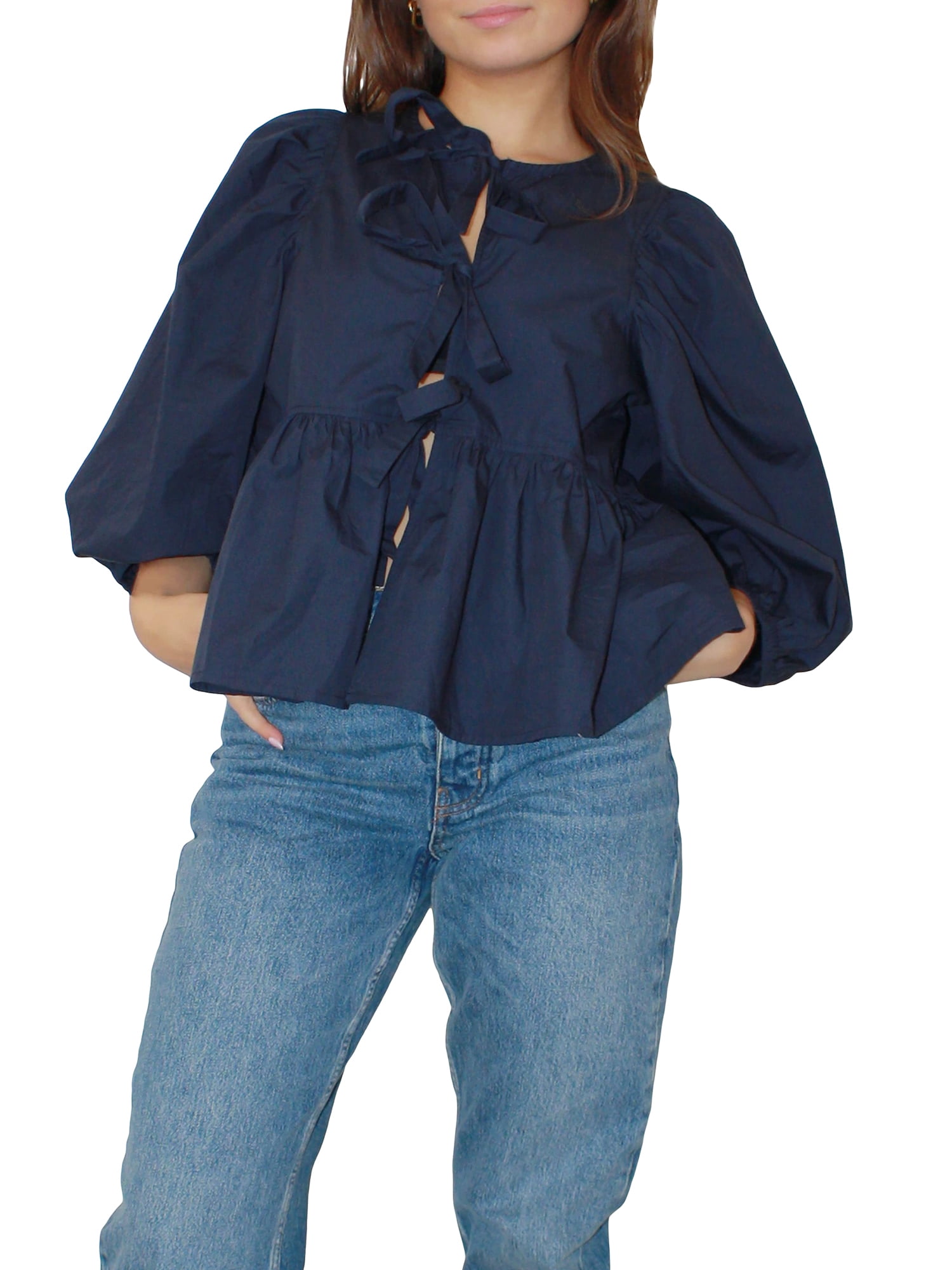 Komoo Women Tie Front Tops Puff Sleeve Ruffle Hem Peplum Blouse Teen Girls Summer Babydoll ...