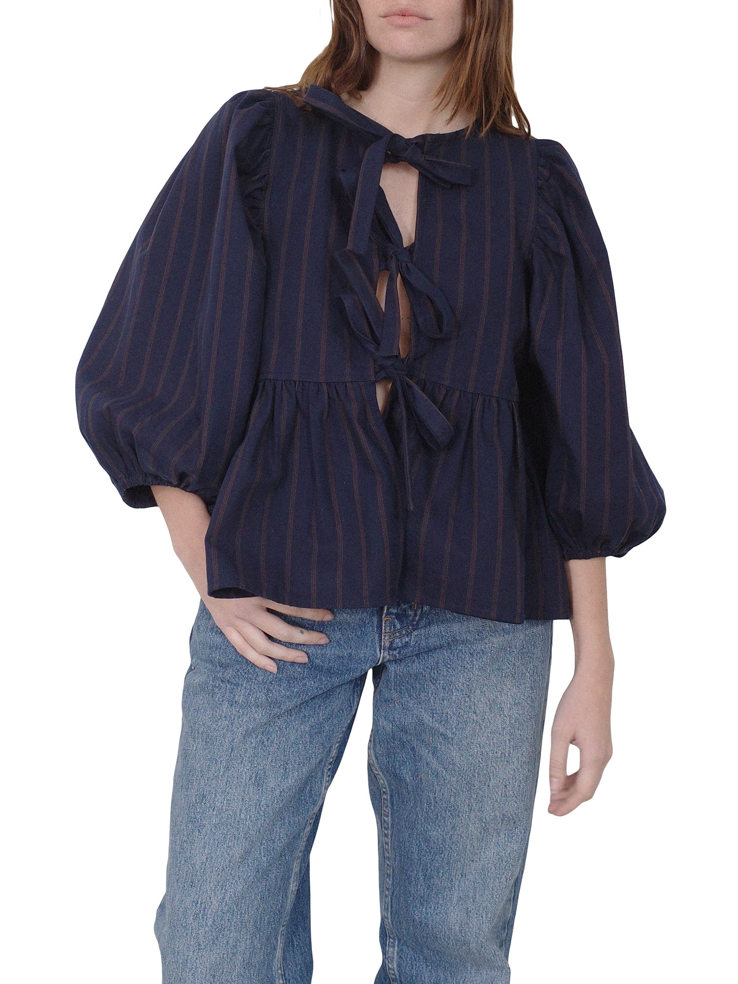 Komoo Women Tie Front Tops Puff Sleeve Ruffle Hem Peplum Blouse Teen Girls Summer Babydoll ...