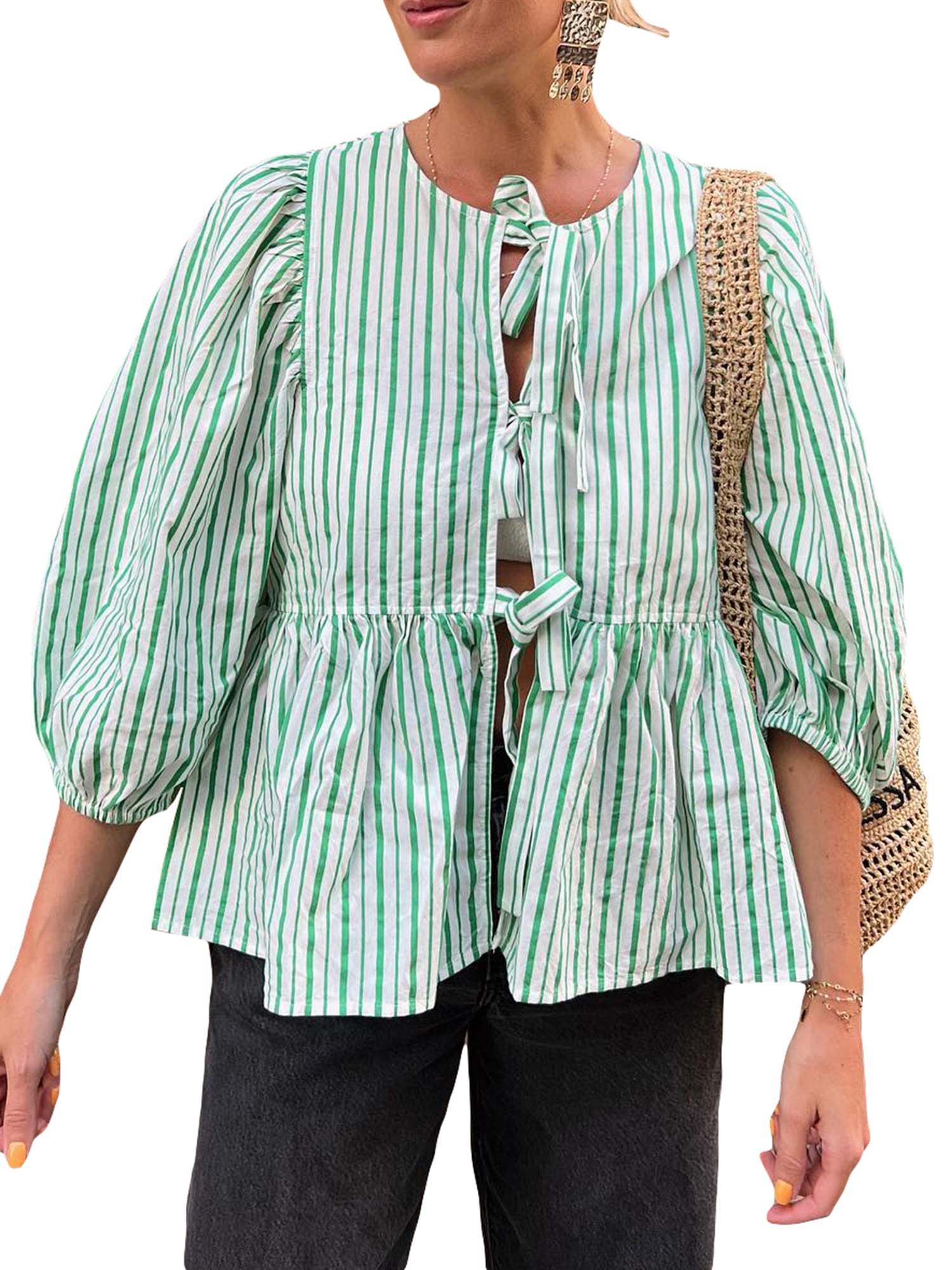 Komoo Women Tie Front Tops Puff Sleeve Ruffle Hem Peplum Blouse Teen Girls Summer Babydoll ...