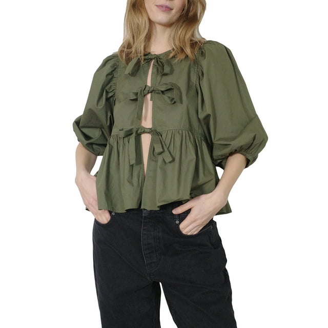 Komoo Women Tie Front Tops Puff Sleeve Ruffle Hem Peplum Blouse Teen Girls Summer Babydoll ...