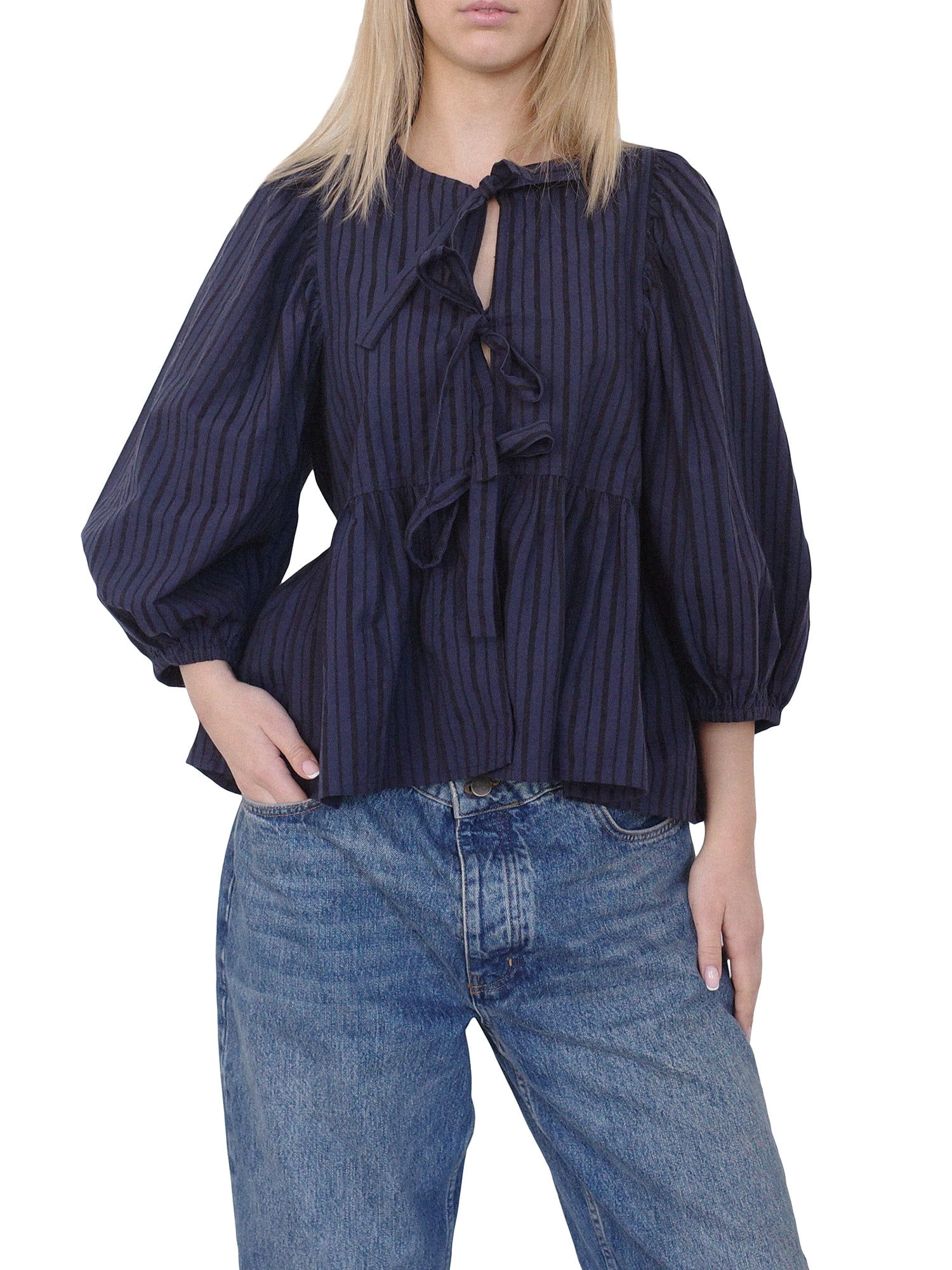 Komoo Women Tie Front Tops Puff Sleeve Ruffle Hem Peplum Blouse Teen ...