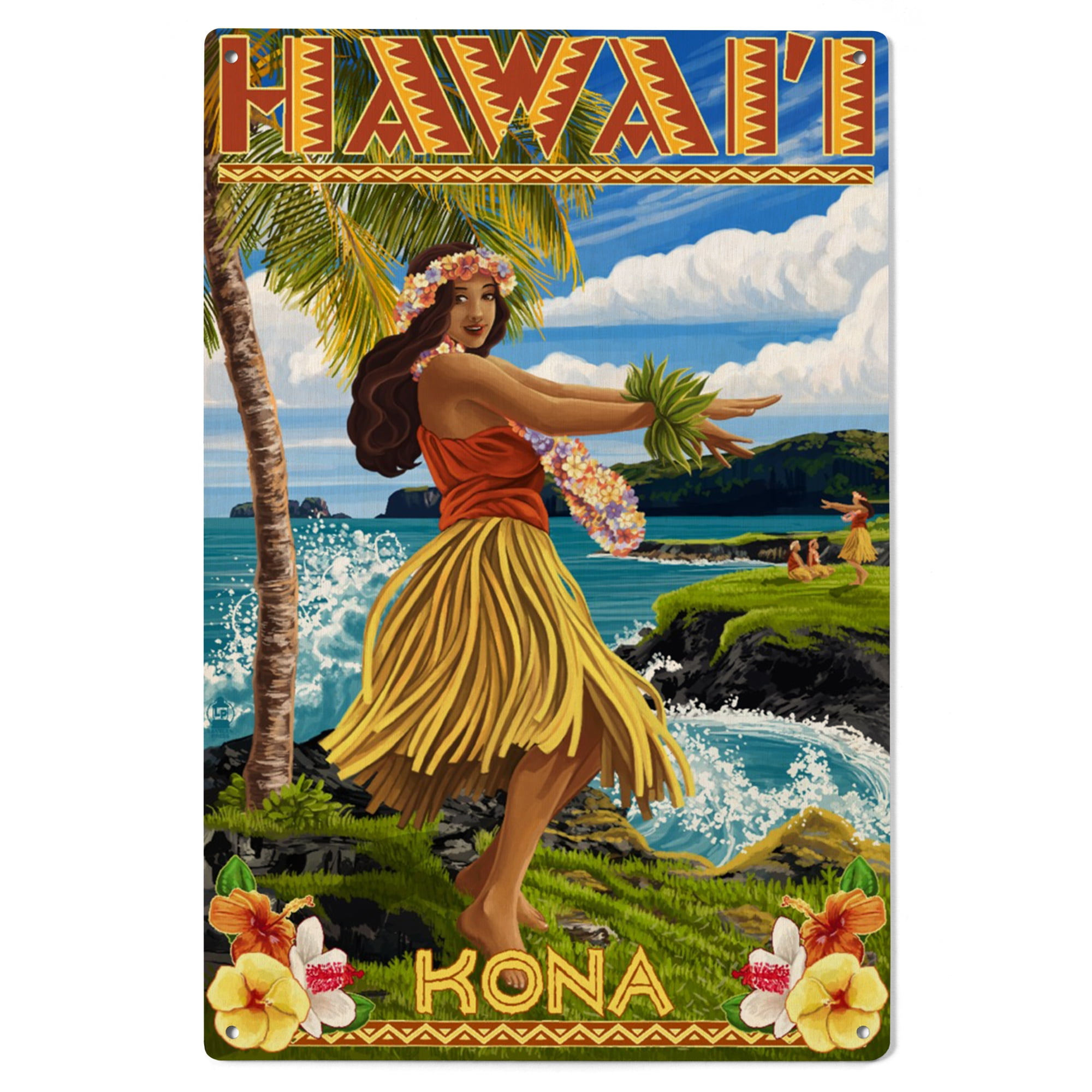 Kona, Hawaii, Hula Girl on Coast Birch Wood Wall Sign (6x9 Rustic Home ...