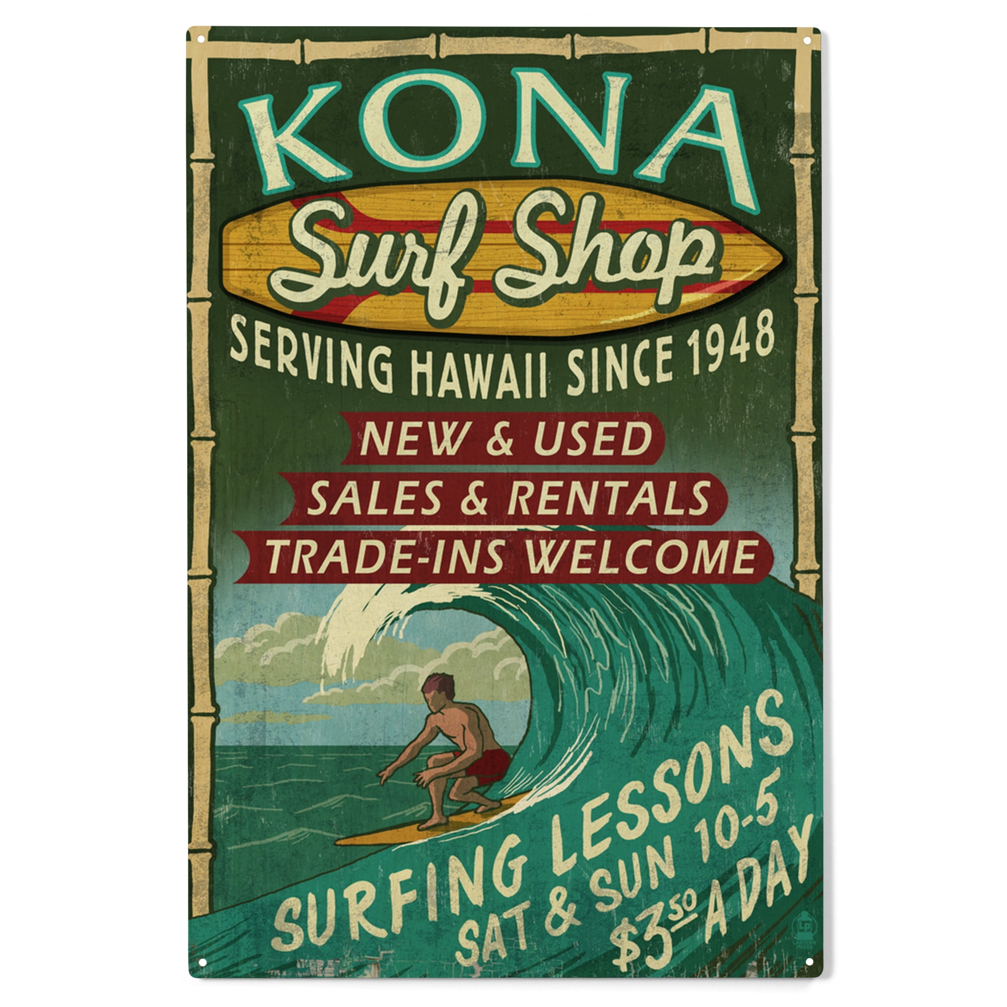 Kona, Hawaii, Surf Shop Vintage Sign Birch Wood Wall Sign (10x15 Rustic ...