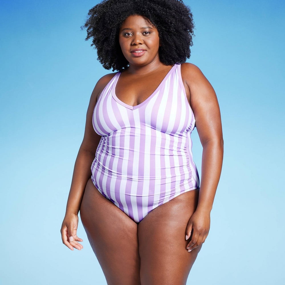 Kona Sol Womens Plus Size V Neck Over The Shoulder High Leg One Piece