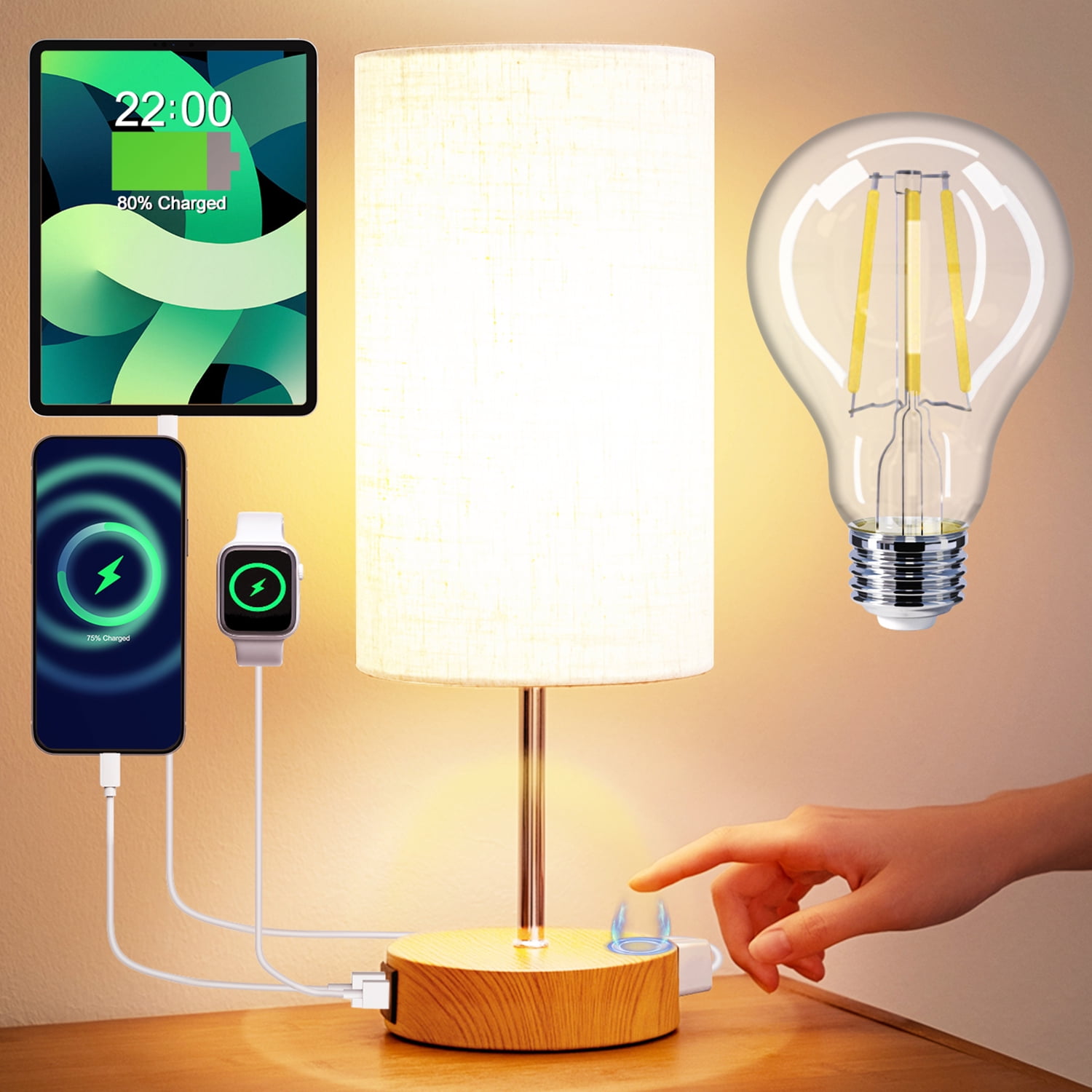 Koncle Dimmable Nightstand Lamp with Touch Control, USB A+C Ports and ...