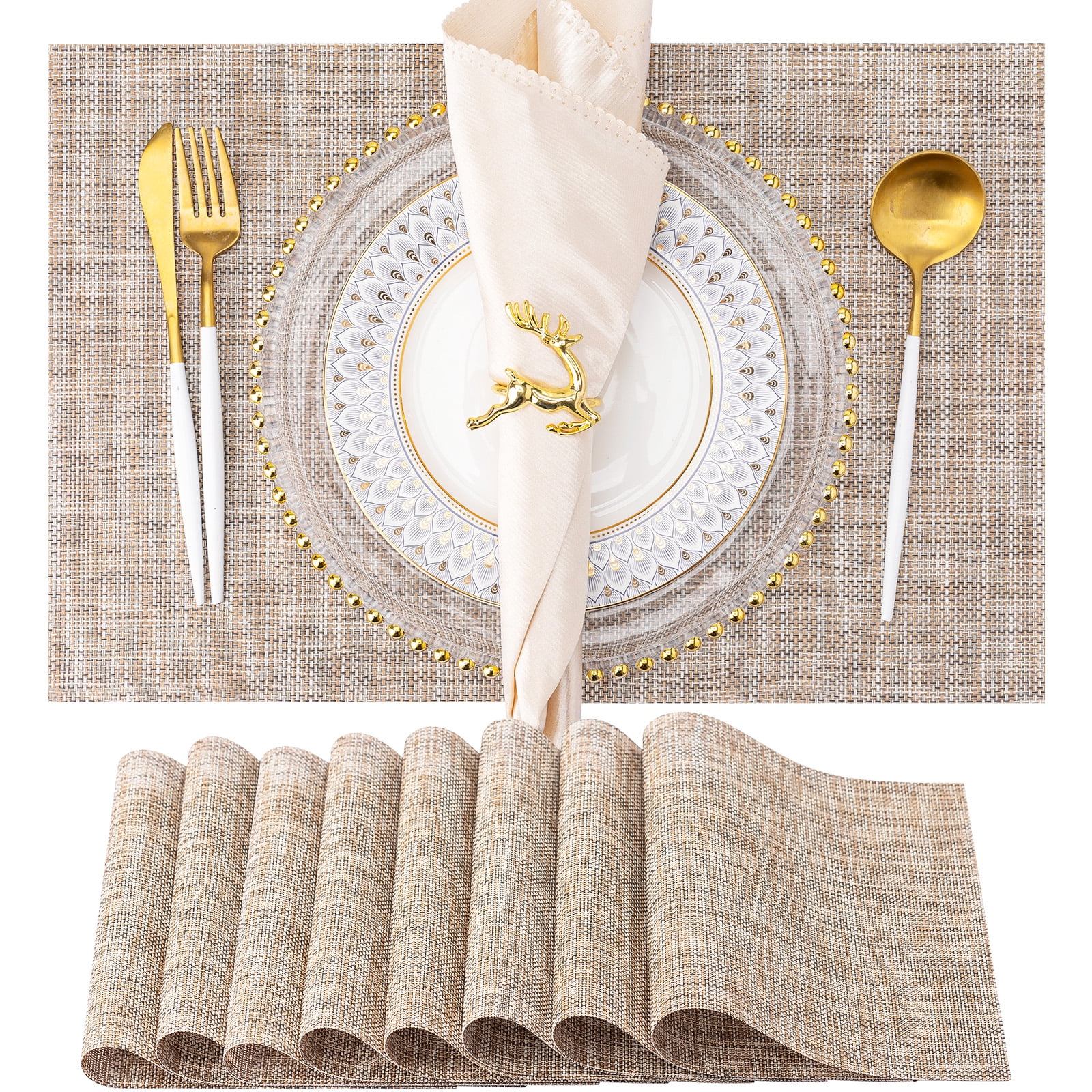 Koncle Outdoor Patio Dining Placemats, Set of 8, Washable PVC Weave ...