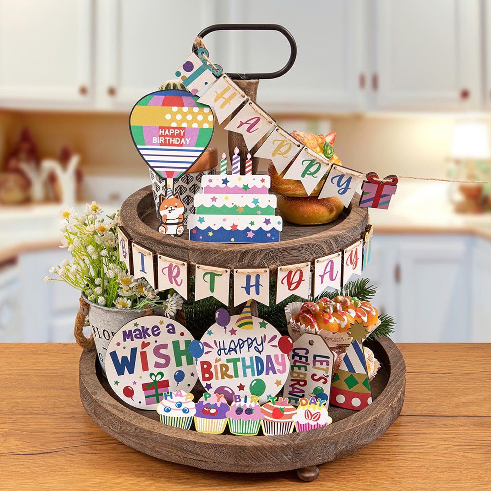 Konghyp Birthday Tiered Tray Decor Celebration Wooden Sign Colorful ...