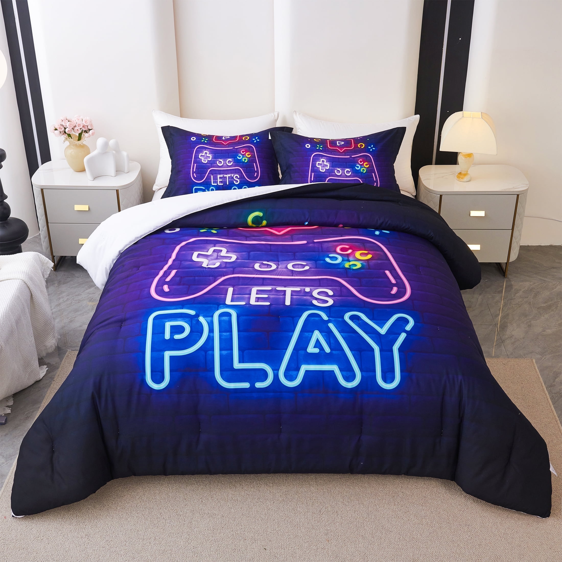 Koniroom Neon Gamer Comforter Set, Twin Size, Black Purple, Microfiber ...