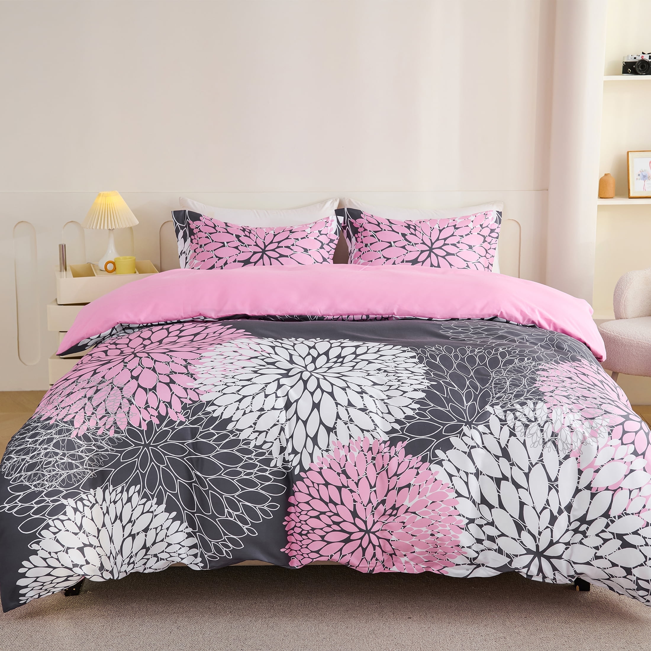 Koniroom 2 Pieces Pink and Grey Duvet Cover Twin Size, Reversible ...