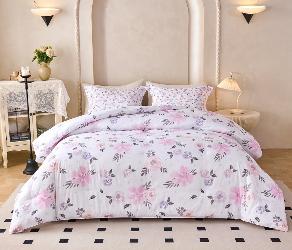 Koniroom 2PCS Lavender Purple Floral Comforter Set Twin Size, Kids Teen ...