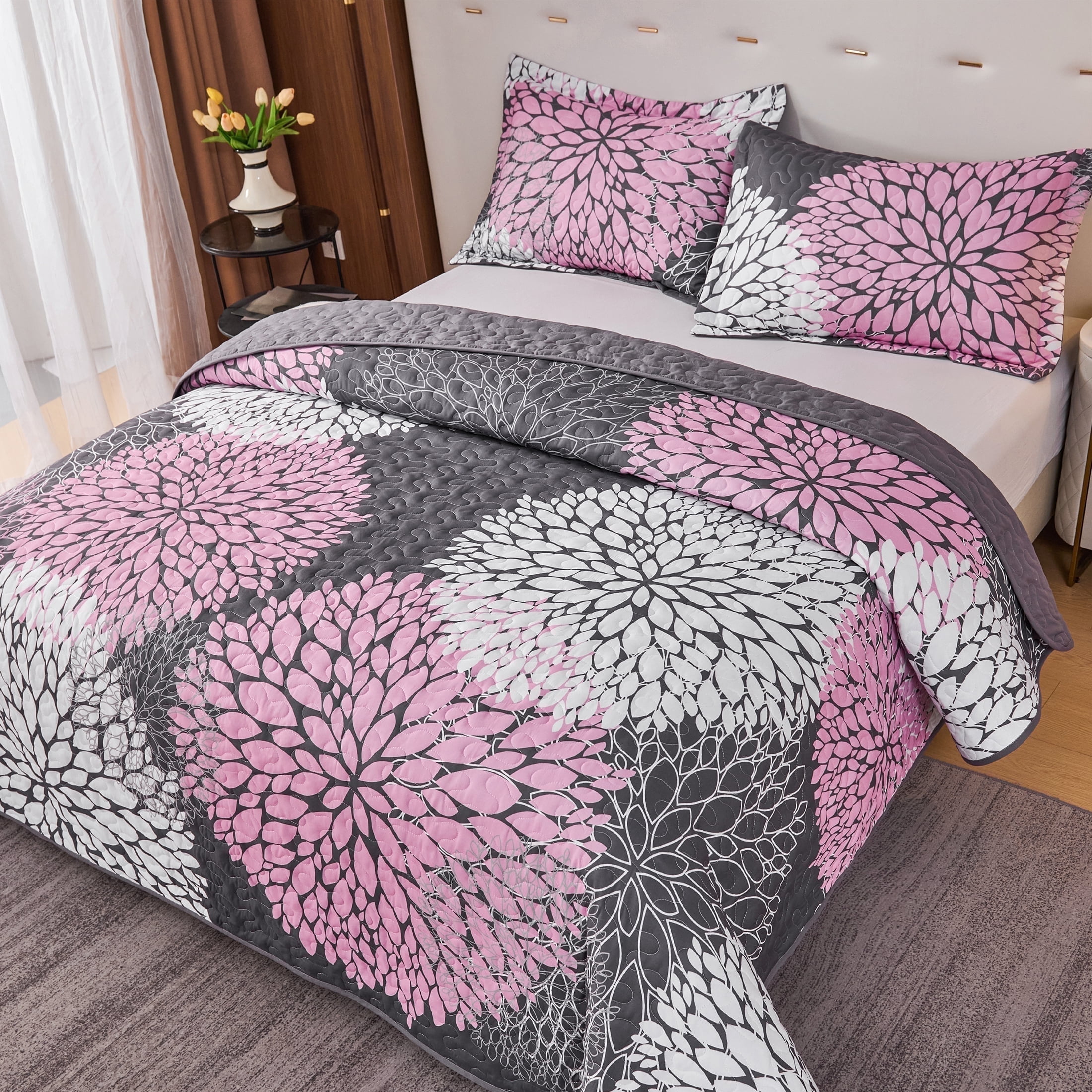 Koniroom 2 Pieces Pink and Grey Floral Quilt Bedding Set Twin Size ...