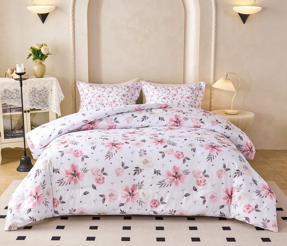 Koniroom 2PCS Pink White Floral Comforter Set Twin Size, Kids Teen ...