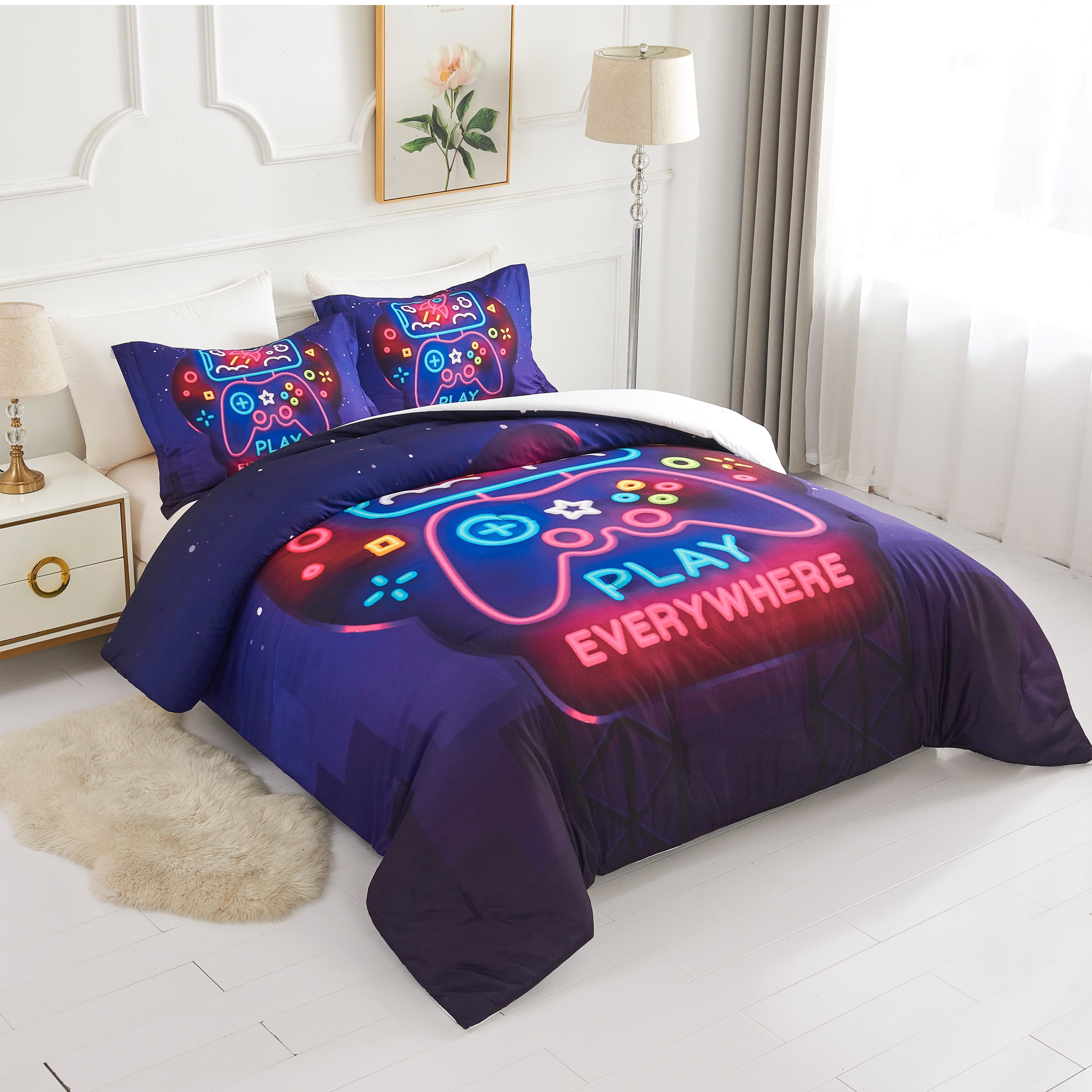 Koniroom 3-Piece Gamer Gaming Comforter Set for Boys, Black Purple ...
