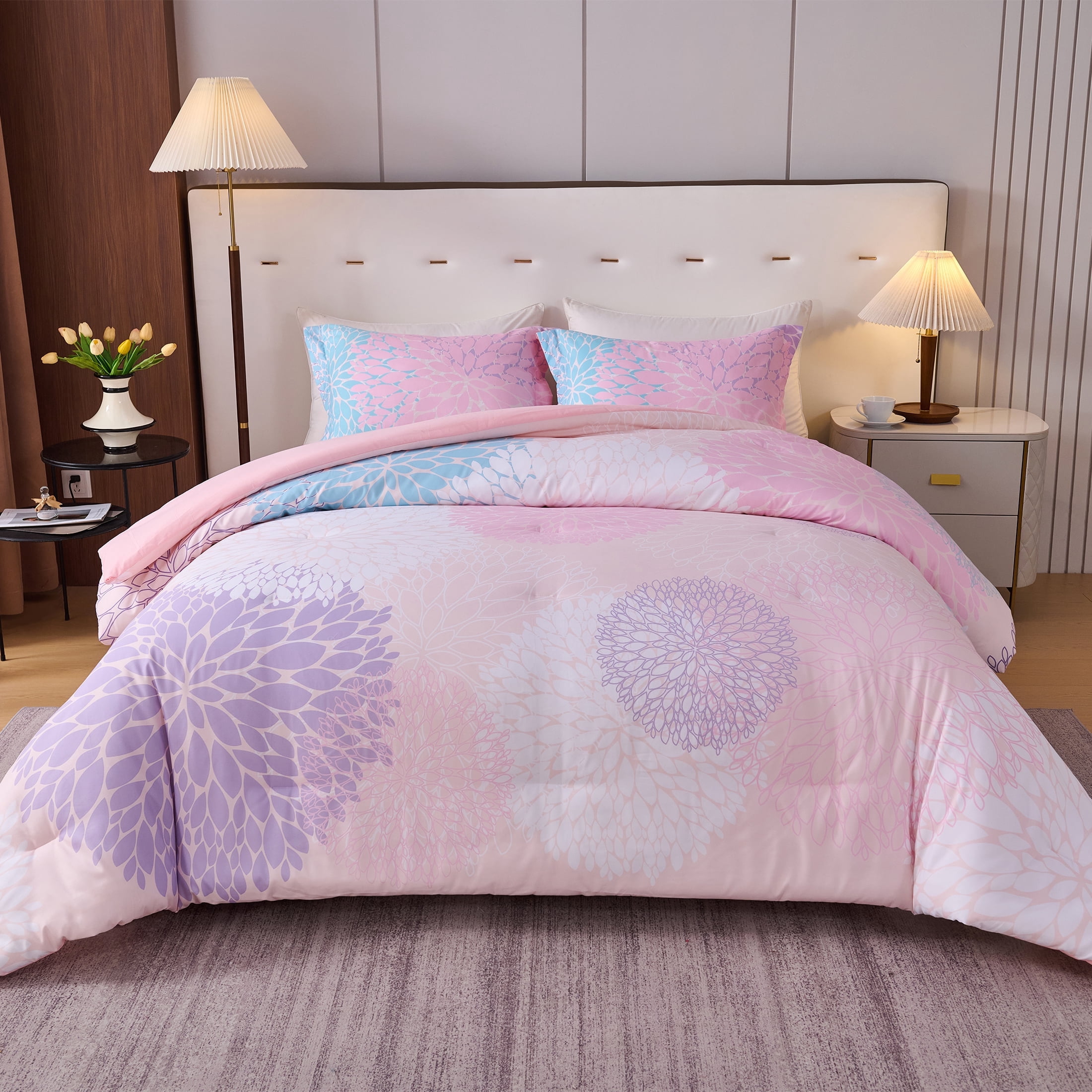 Koniroom Girls Blush Pink Floral Comforter Set Queen Size, Botanical ...