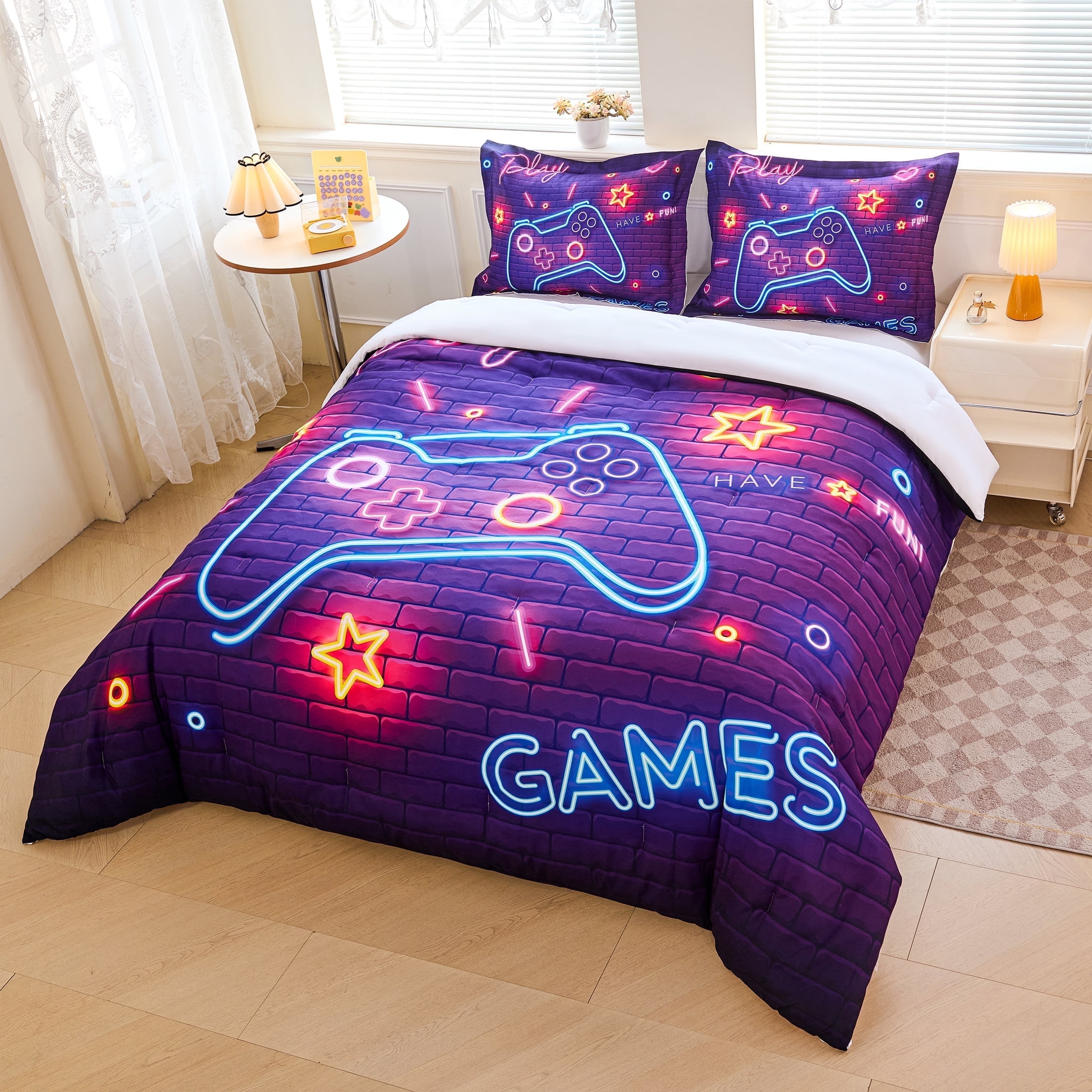 Koniroom 3 Pieces Neon Gamer Comforter Set Queen Size for Boys, Kids ...