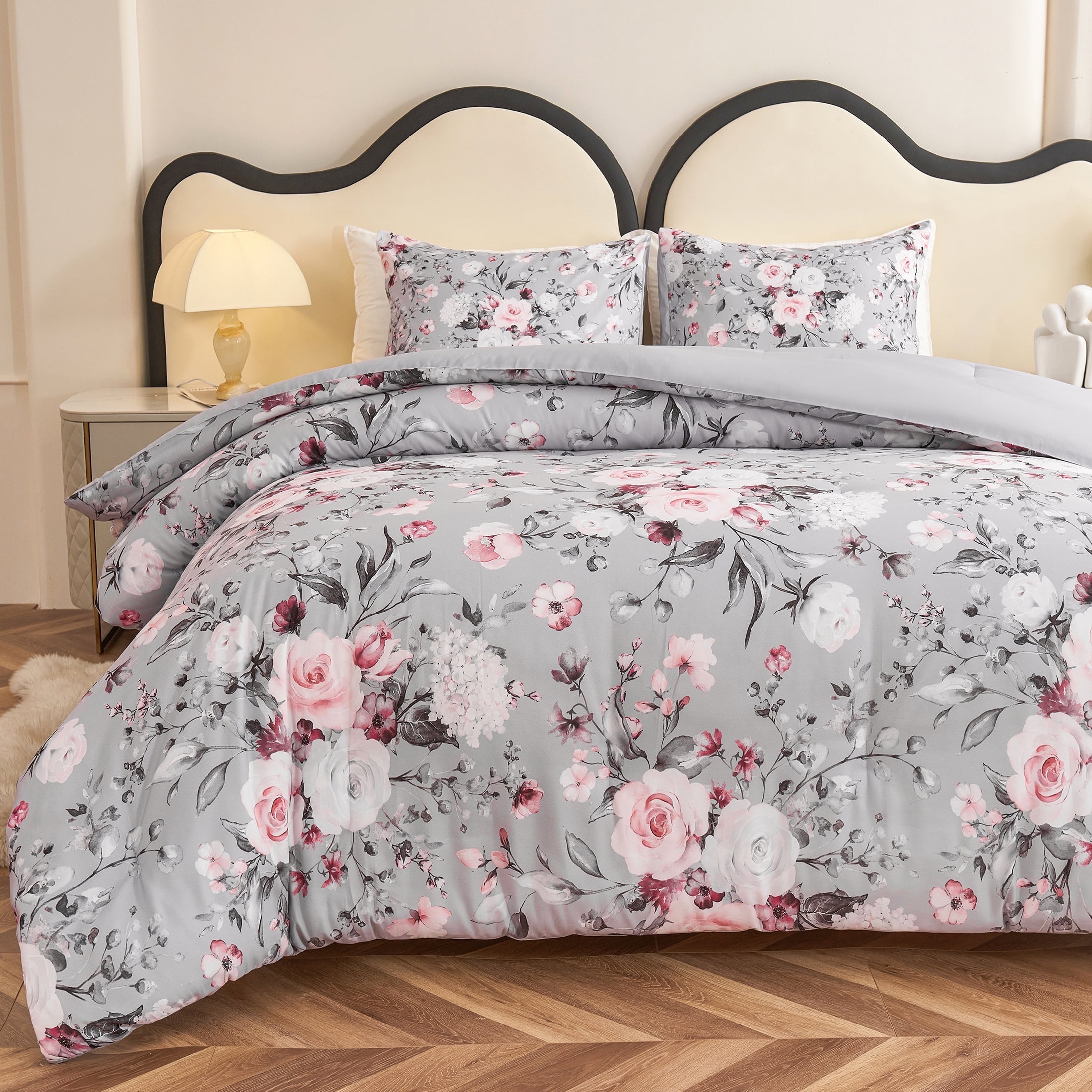 Koniroom 3 Pieces Pink and Grey Comforter Set King Size, Floral Bedding ...