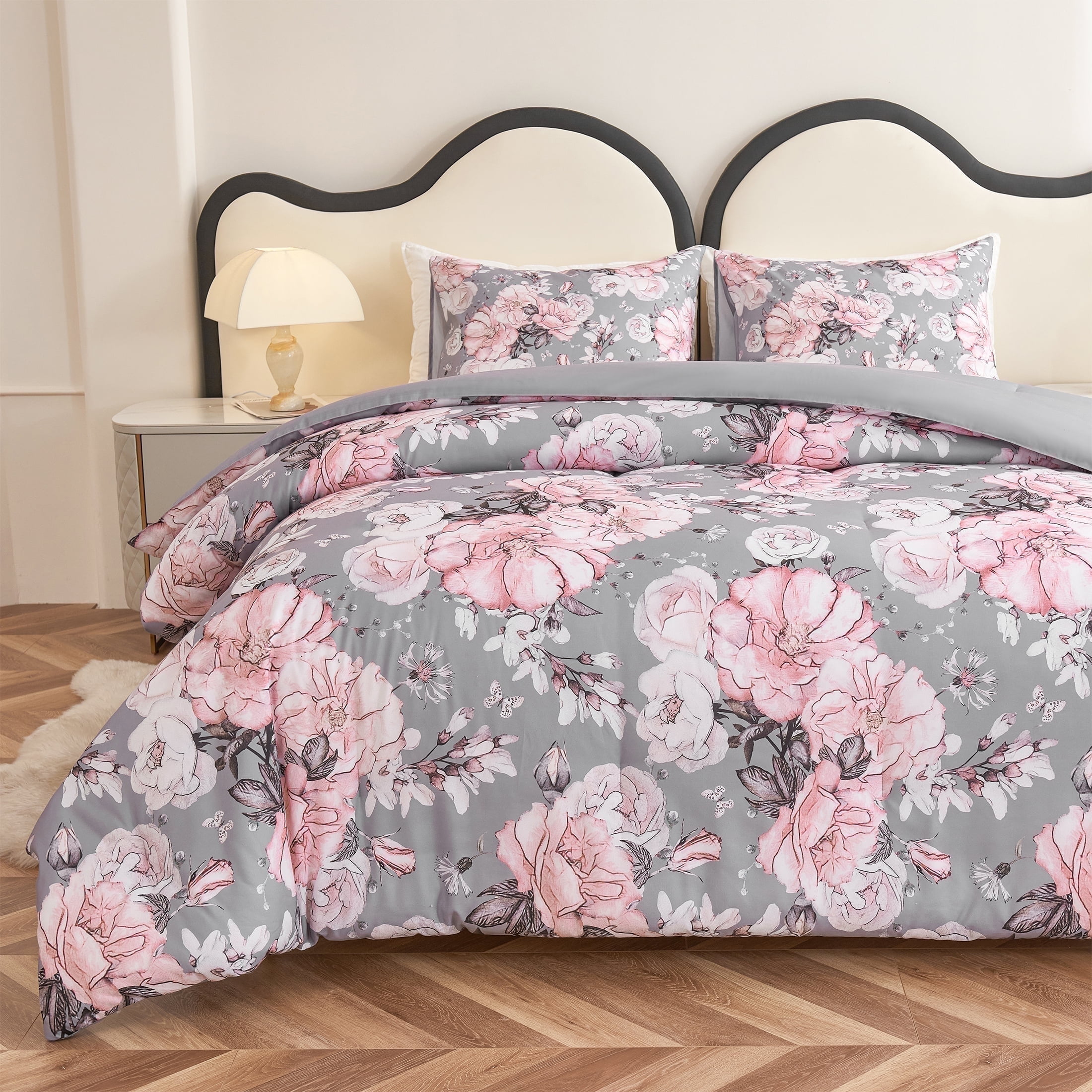 Koniroom 3 Pieces Pink and Grey Comforter Set King Size, Floral Bedding ...