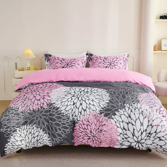 Koniroom 8 Pieces Gray and Pink Floral Comforter Set Full Size, Cute ...