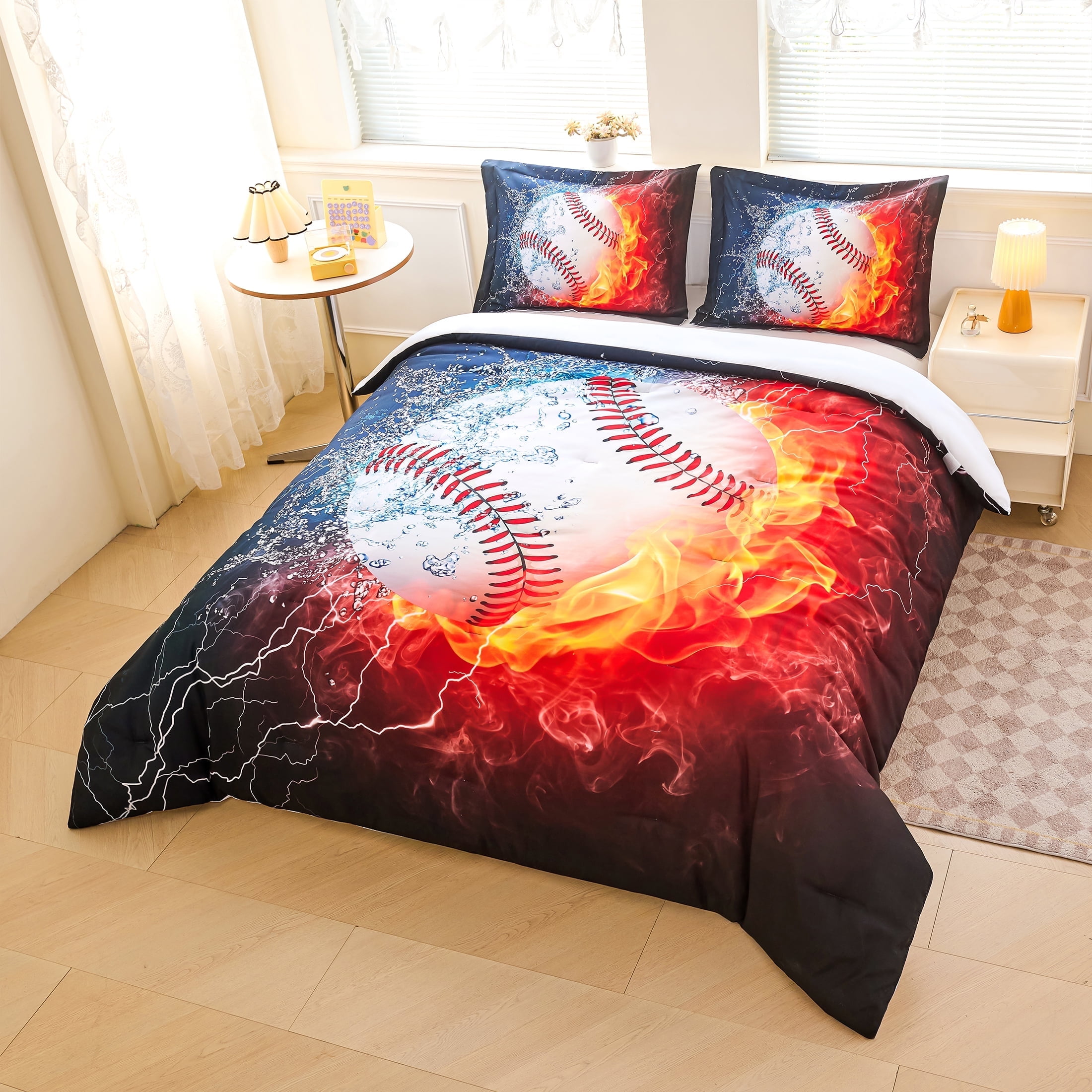 Koniroom 3Pcs Baseball Comforter Set Queen Size for Boys, Fire and ...