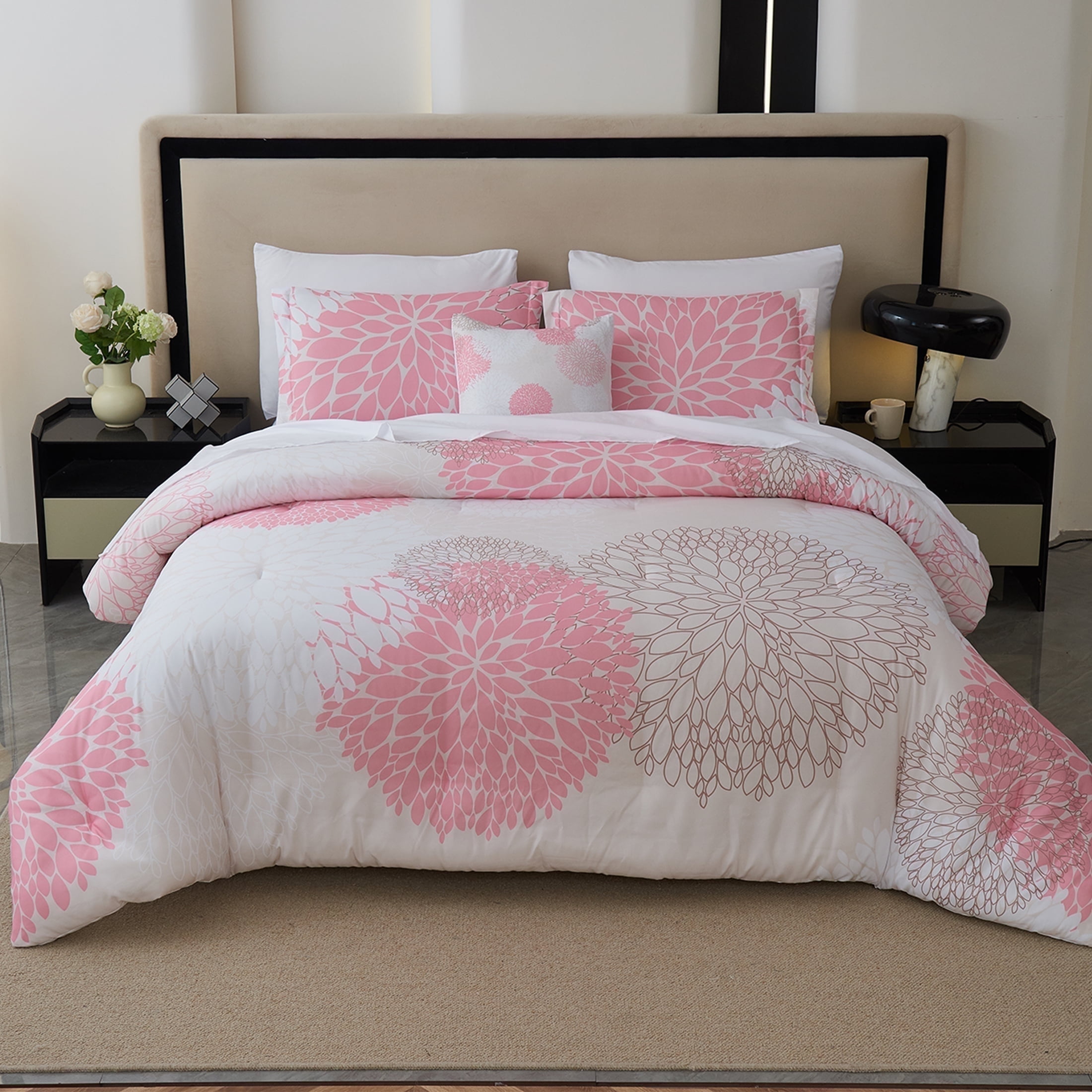 Koniroom 8-Piece Pink and Beige Queen Comforter Set - Reversible Floral ...