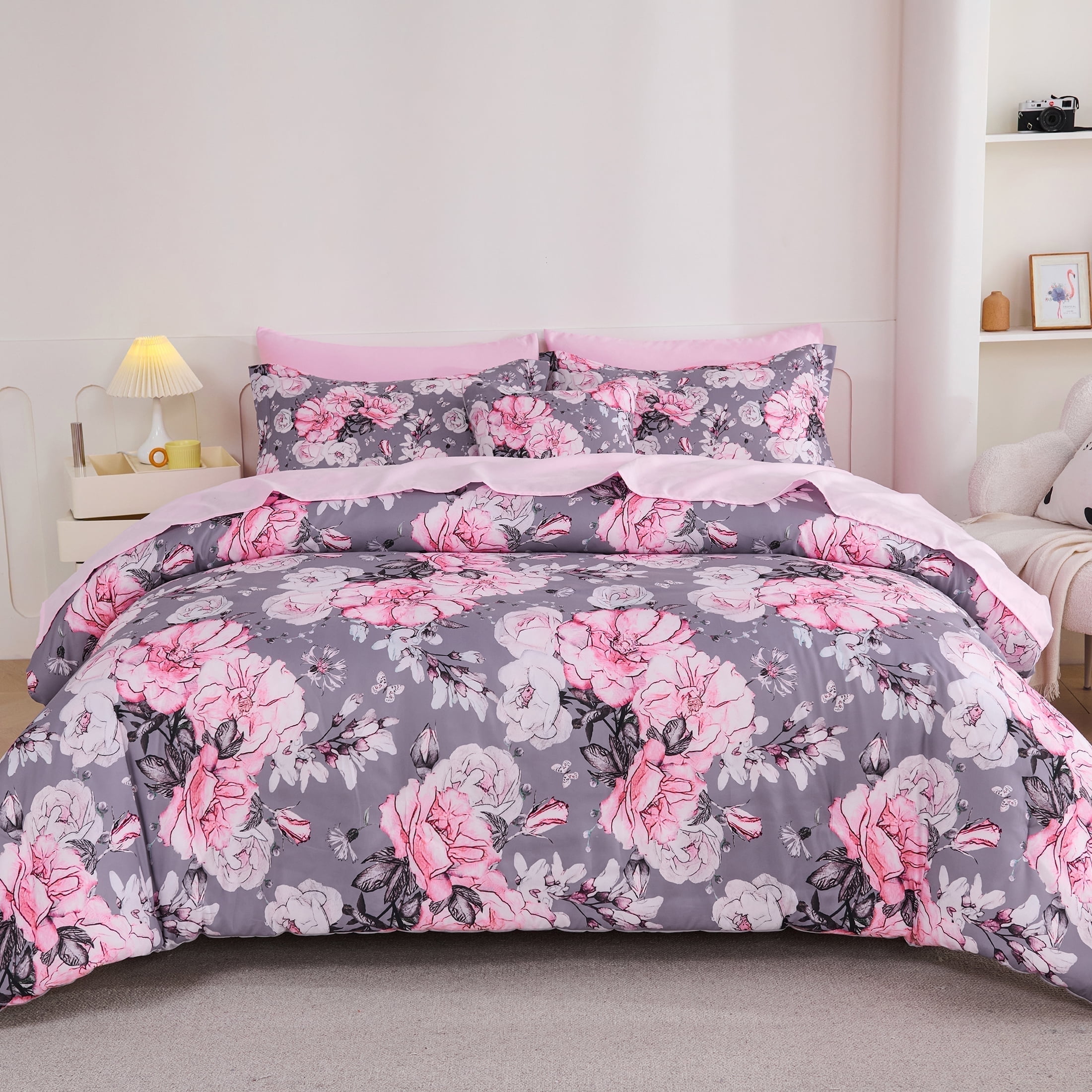 Koniroom 8-Piece Pink and Grey Floral King Comforter Set - Reversible ...