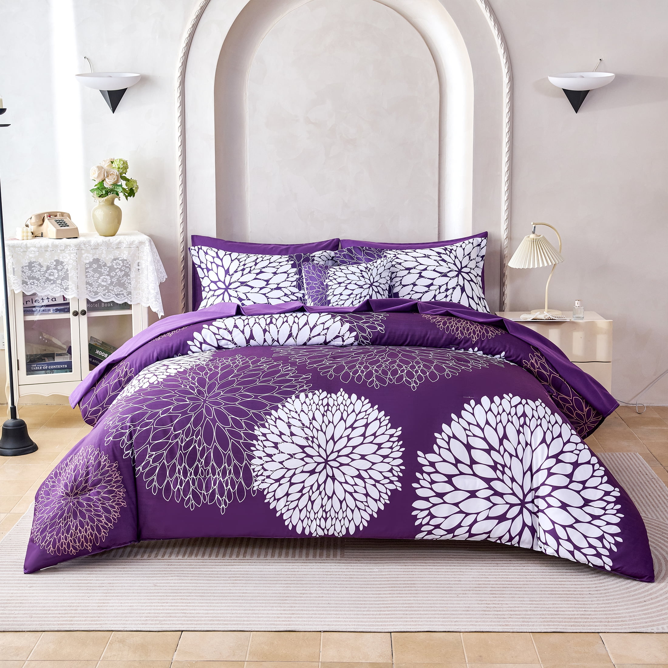 Koniroom 8Pcs Purple Comforter Set King Size, Botanical Bed In a Bag ...