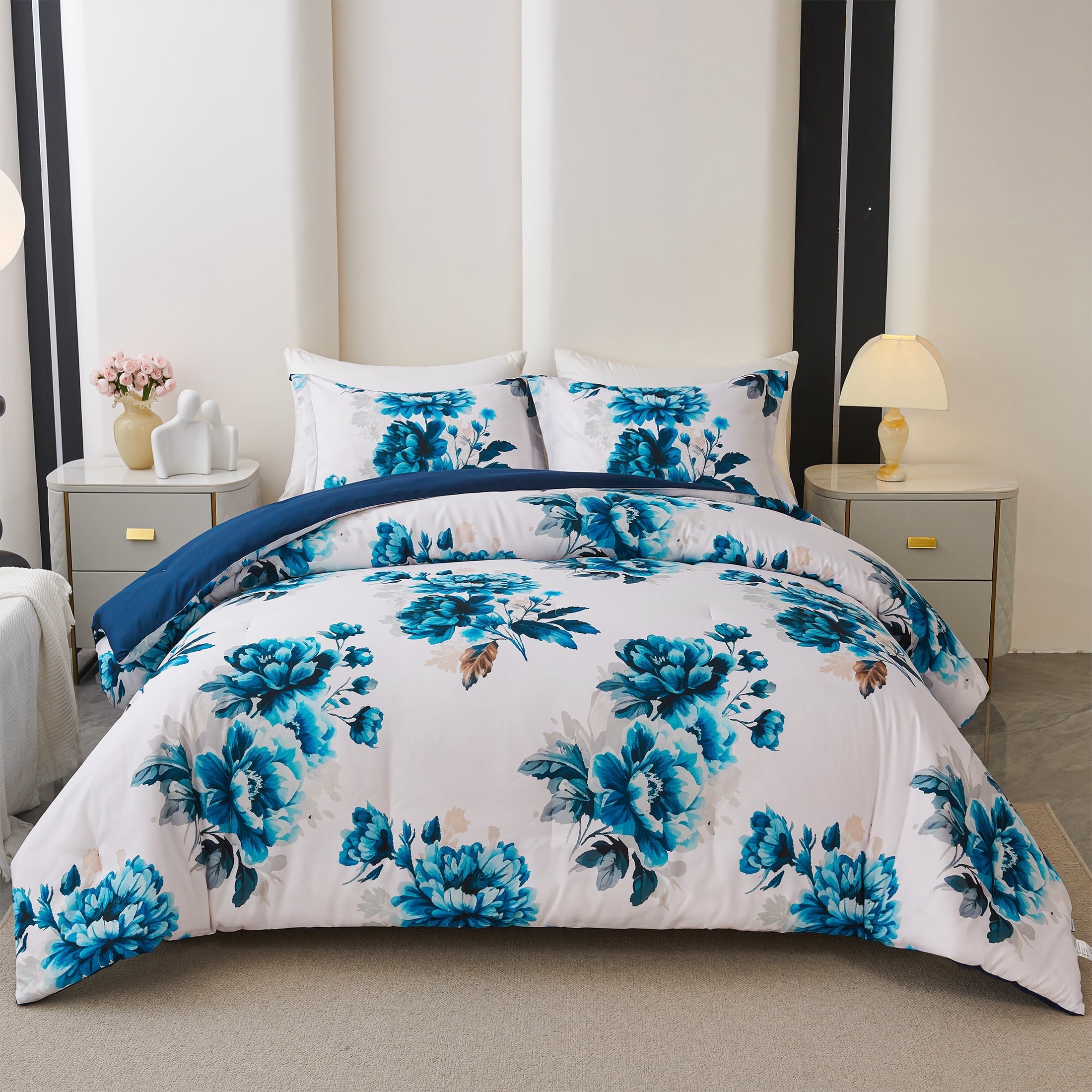 Koniroom Classic Blue Floral 3-Piece Modern Flower Comforter Set, Full ...