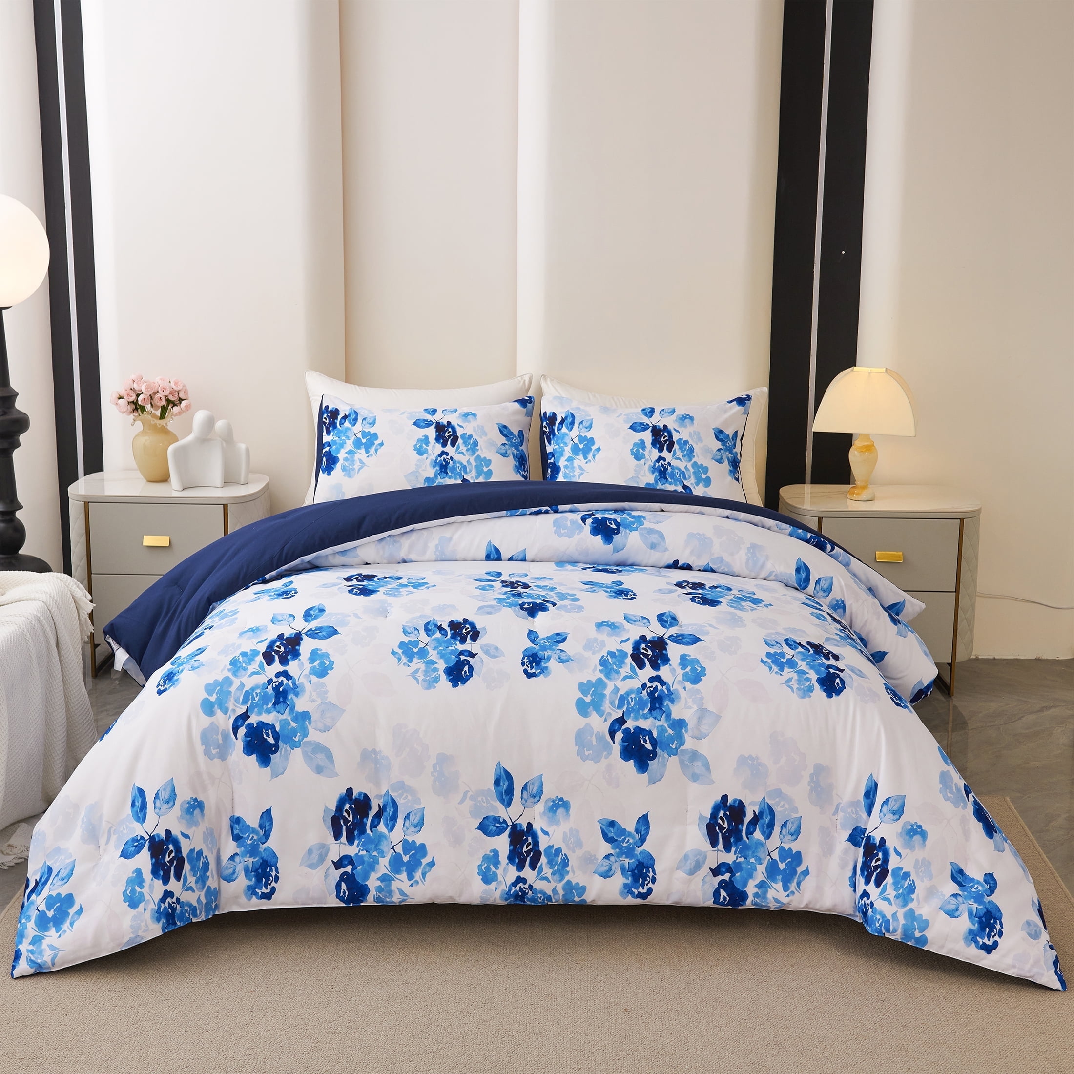 Koniroom Dreamy Blue Floral 3-Piece Floral Comforter Set, Full/Queen ...