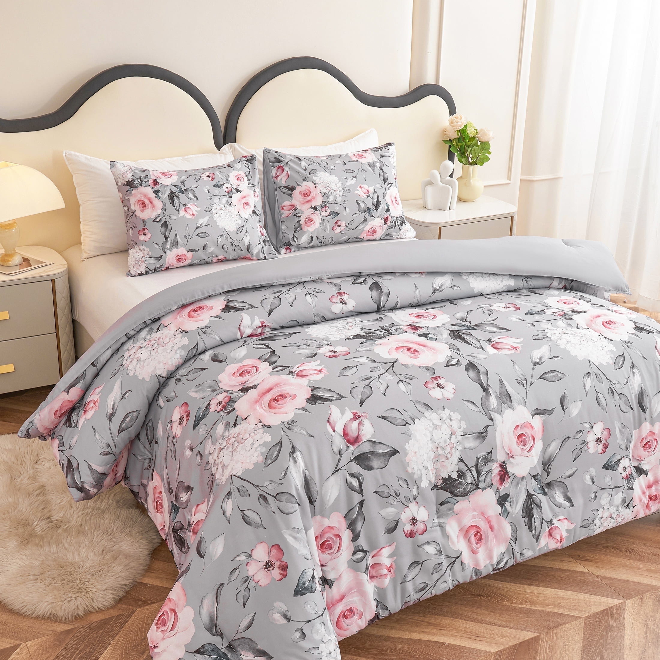 Koniroom Floral Comforter Set, Queen, Pink and Gray Roses, 3-Pieces ...