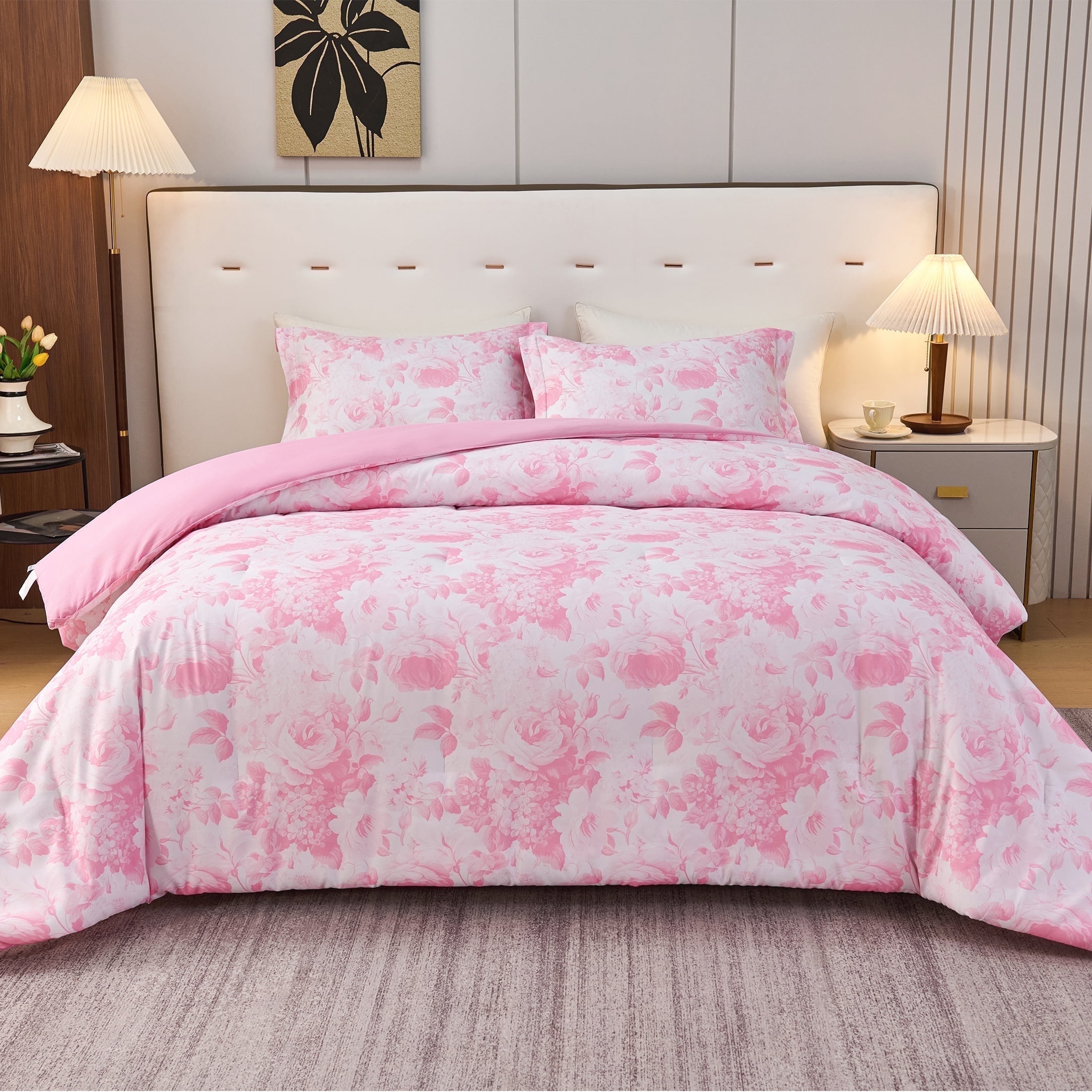 Koniroom Pink Floral Comforter Set Queen Size – Soft Romantic Rose ...