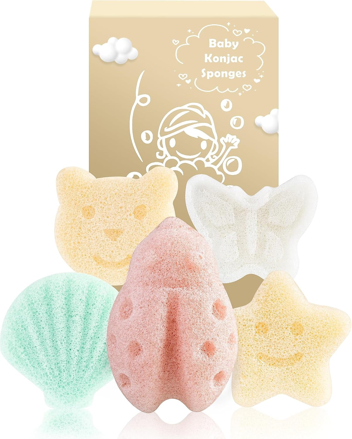 Konjac Baby Sponge for Bathing, 5Pcs Natural Cute Shapes, Kids Bath ...