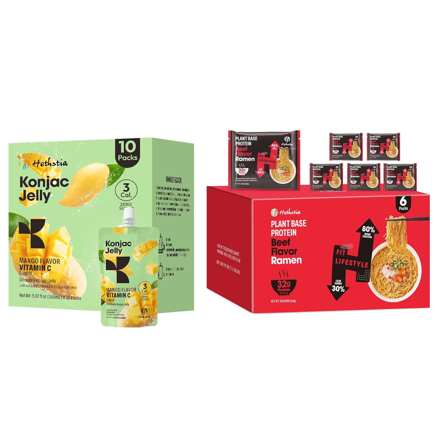 Konjac Jelly Mango Flavor 10 Pouches & High-Protein Ramen Beef 6 Pack ...
