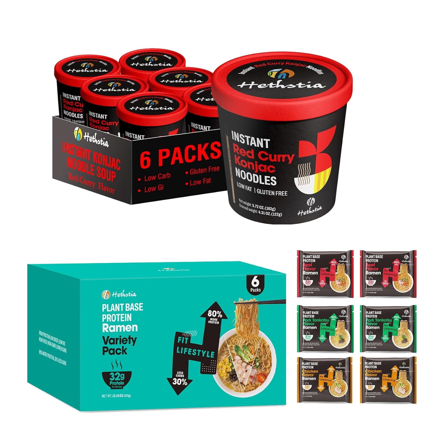 Konjac Noodle Red Curry Soup 6 Cups & High-Protein Ramen Variety Pack 6 ...